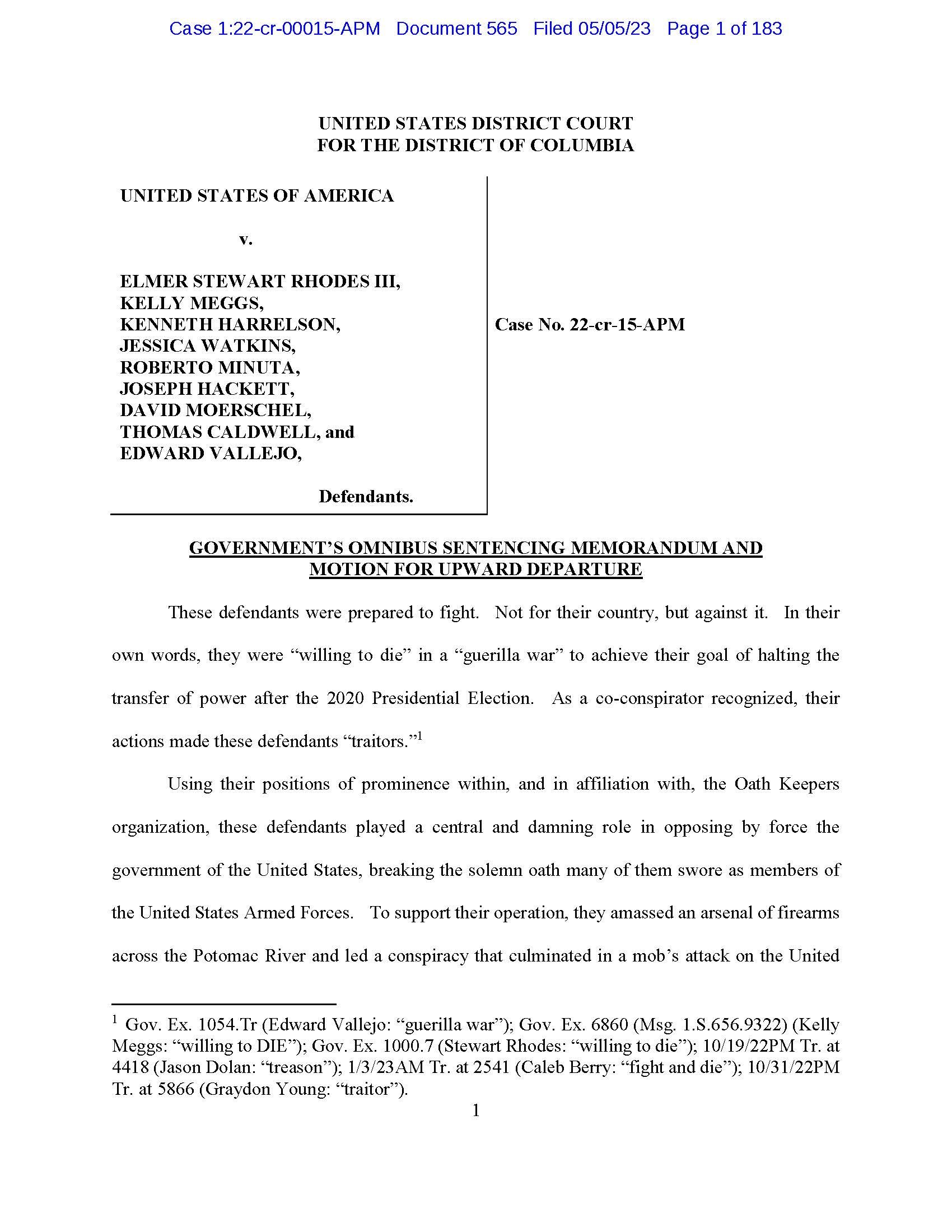 Rhodes / Oath Keepers US DOJ Pre-Sentencing Memorandum — 2AM Patriot