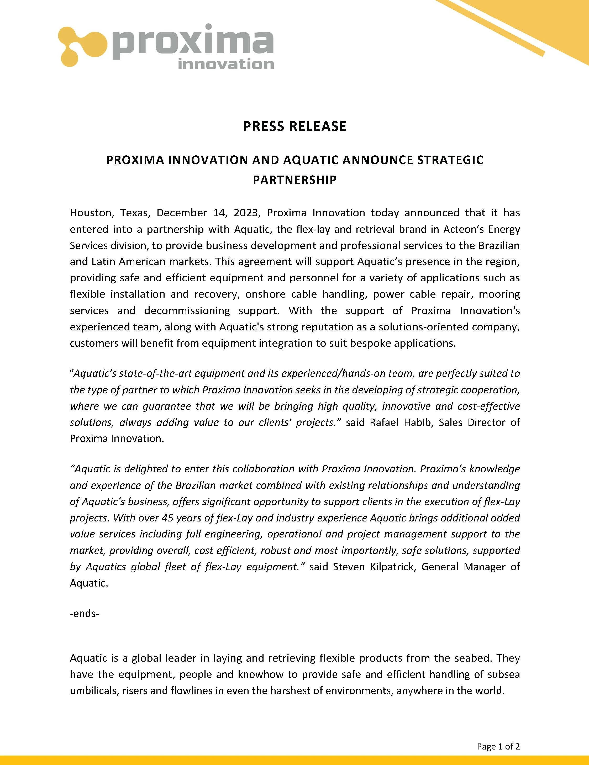 Press Release 2024 Proxima Innovation and Aquatic Subsea — Proxima ...