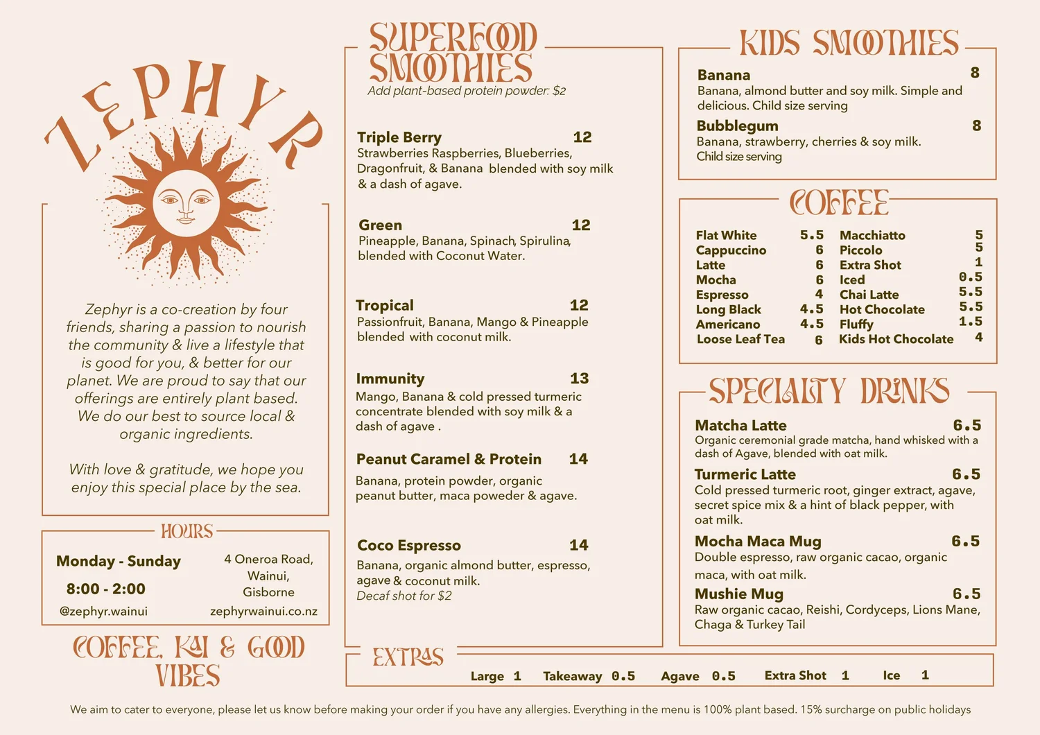 Menu | Plant-Based Food & Coffee — Zephyr Wainui — Zephyr Wainui