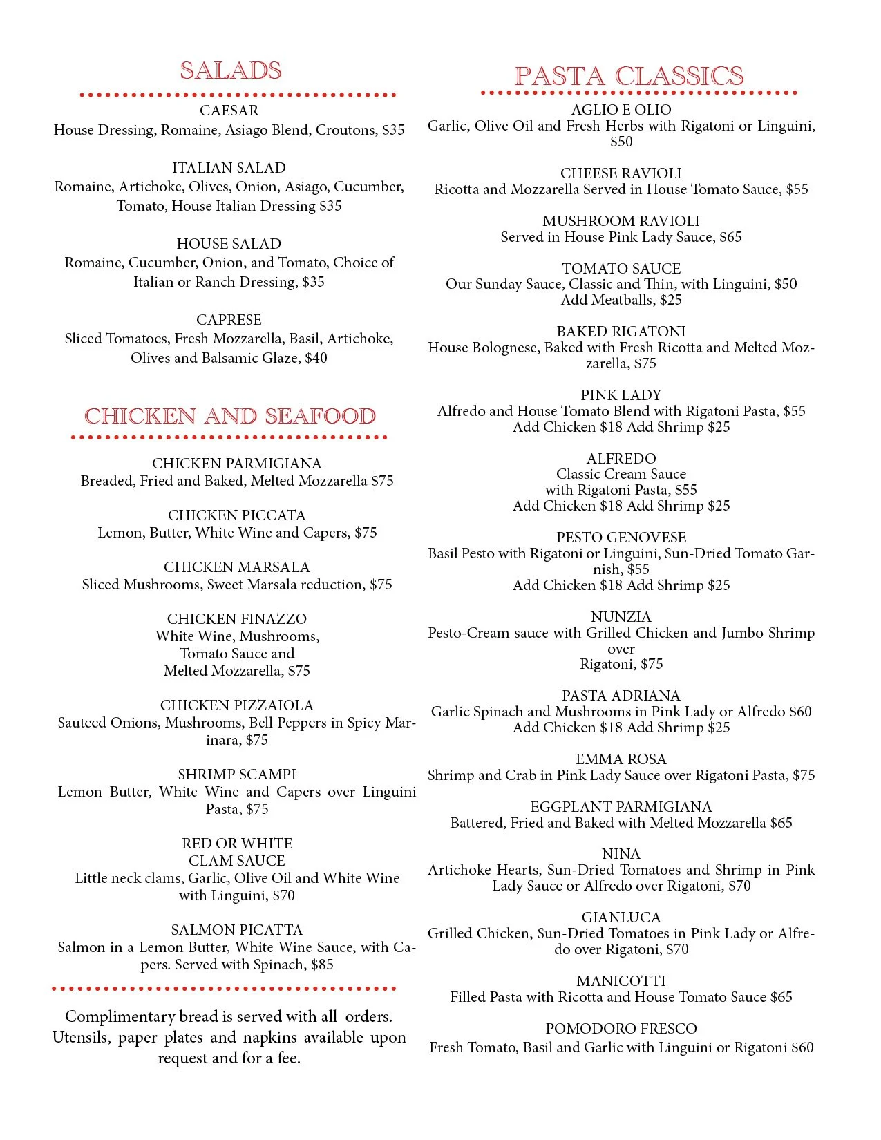 Menu 1 — Sal's Caffe Italia | Authentic Italian Food on Charlottesville ...