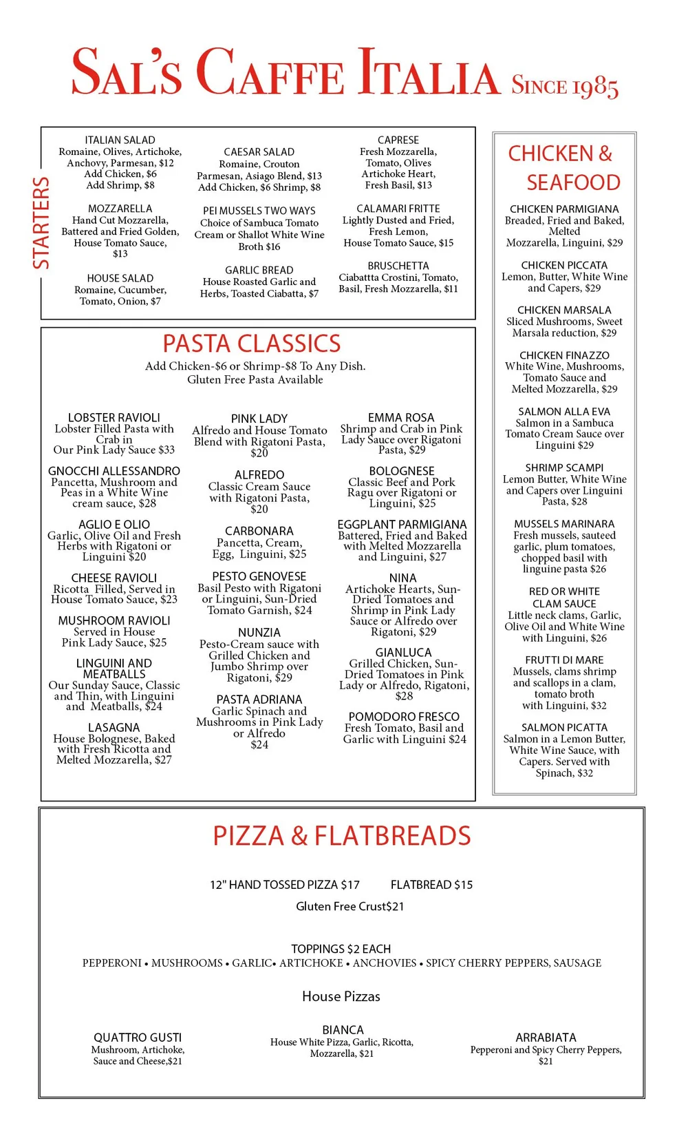 Menu 1 — Sal's Caffe Italia | Authentic Italian Food on Charlottesville ...