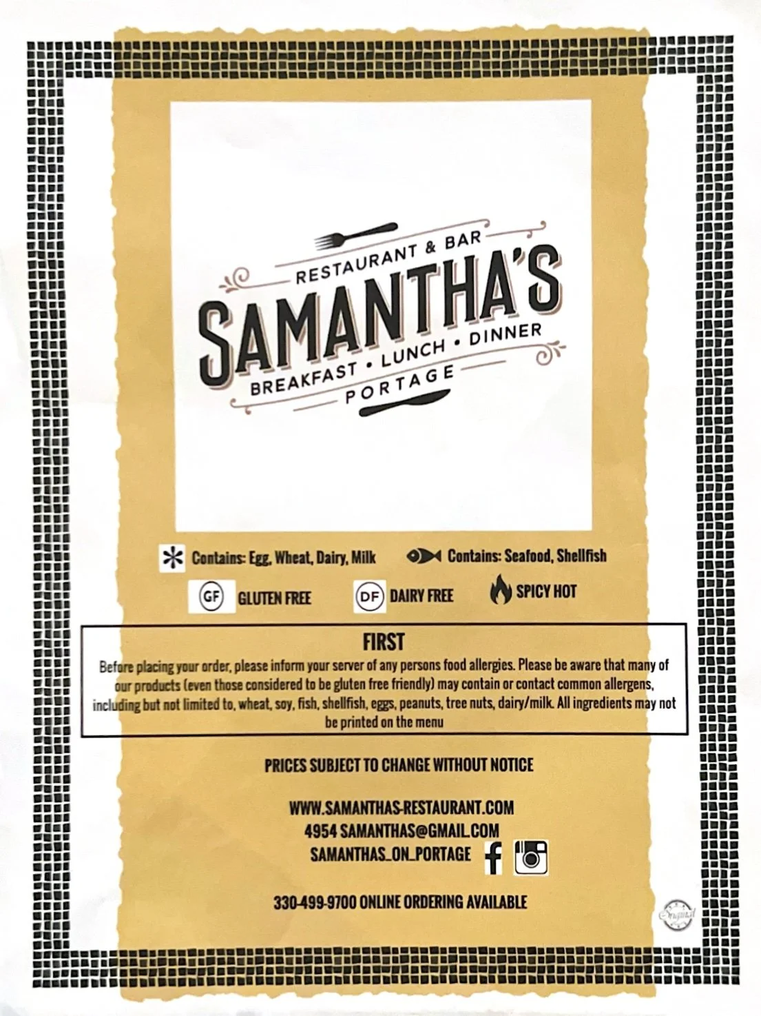 Menu — Samantha's on Portage