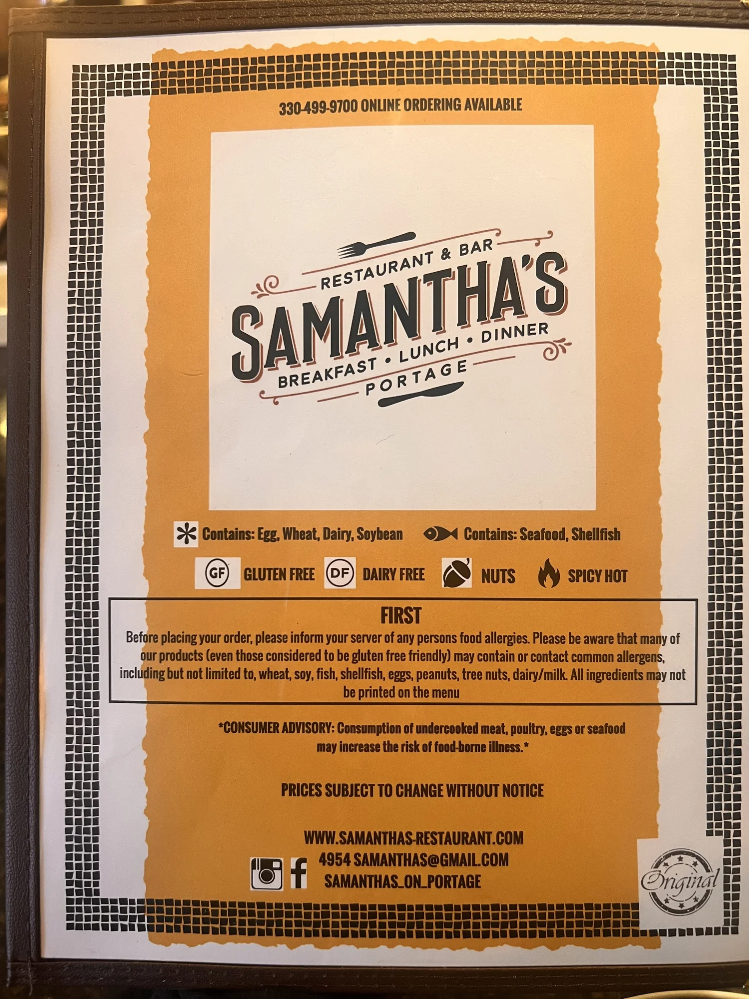 Menu — Samantha's on Portage