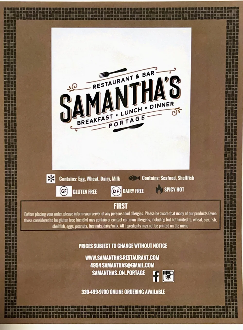 Menu — Samantha's on Portage