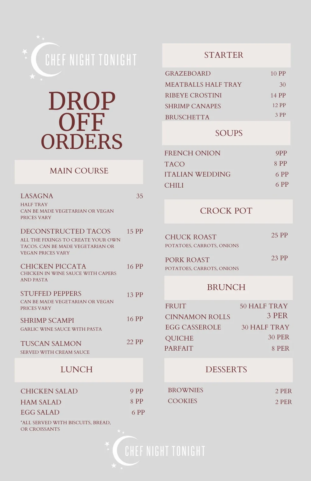 Drop Off Orders — Chef Night Tonight