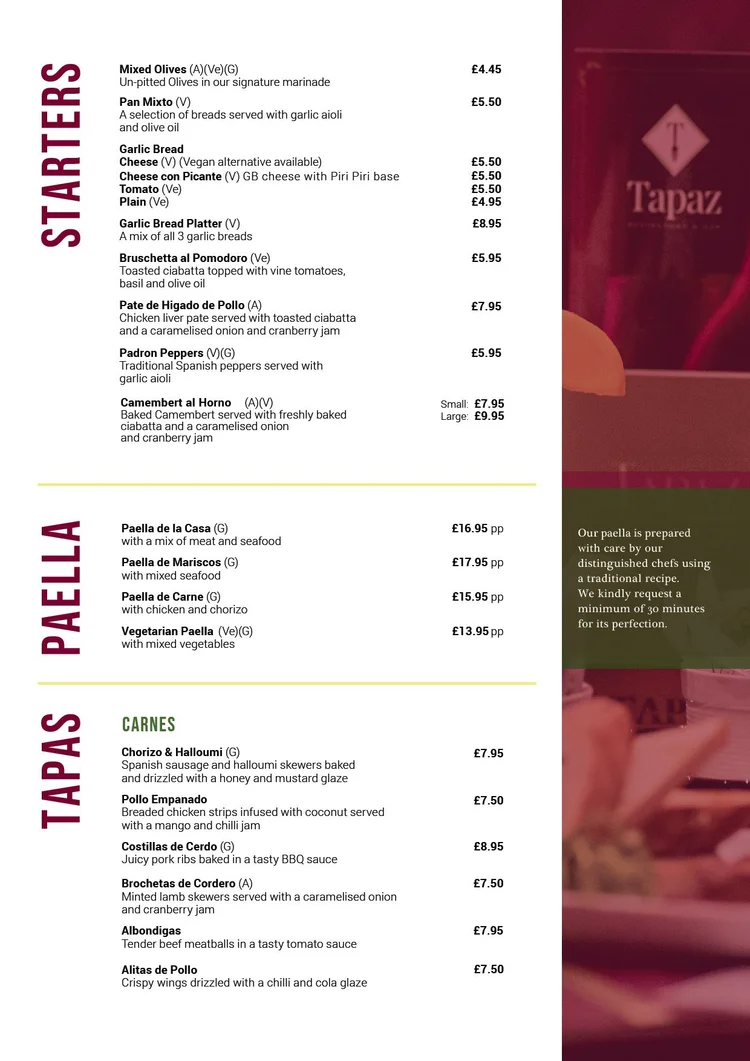 Menu — Tapaz Restaurant & Bar