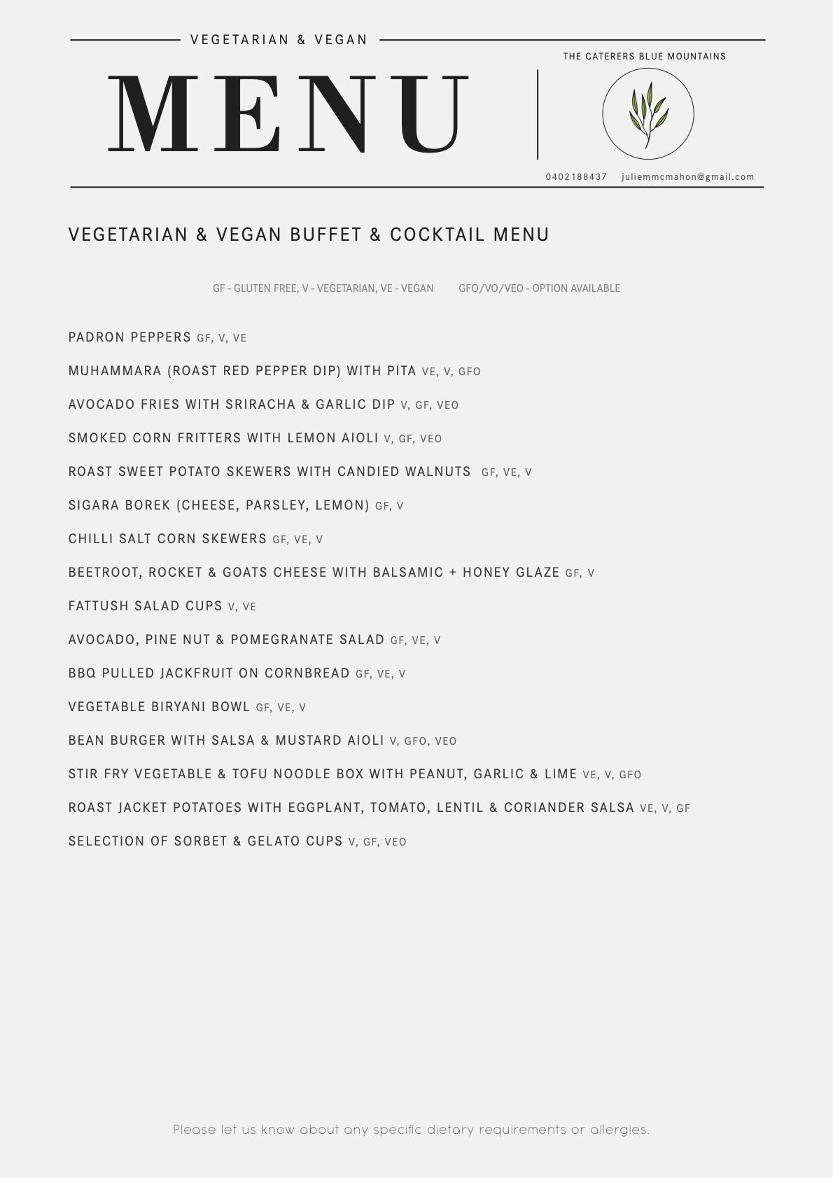 Vegetarian & Vegan Menu — The Caterers Blue Mountains