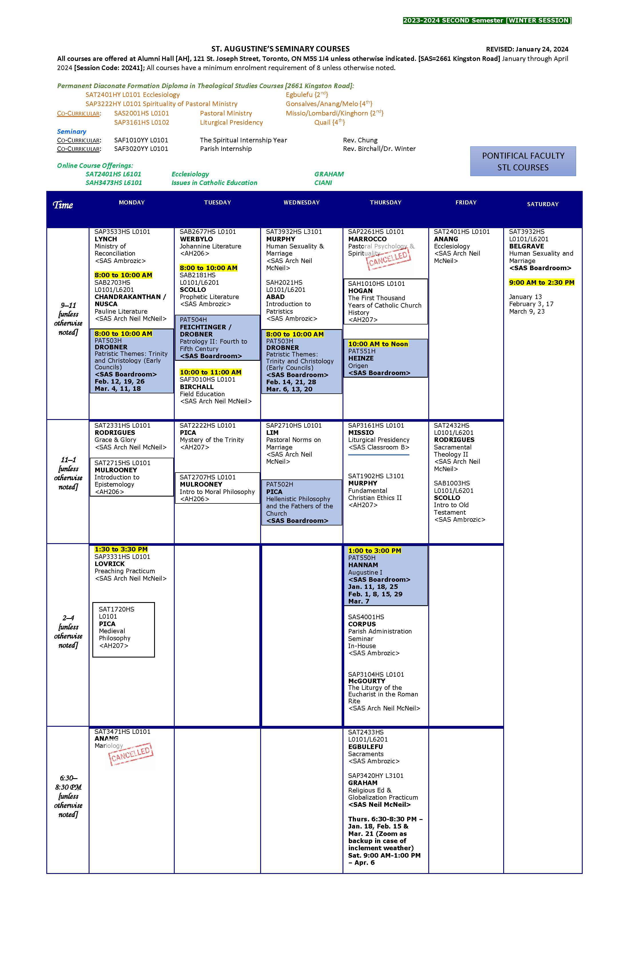 SAS Course Timetable — St. Augustine's Seminary of Toronto
