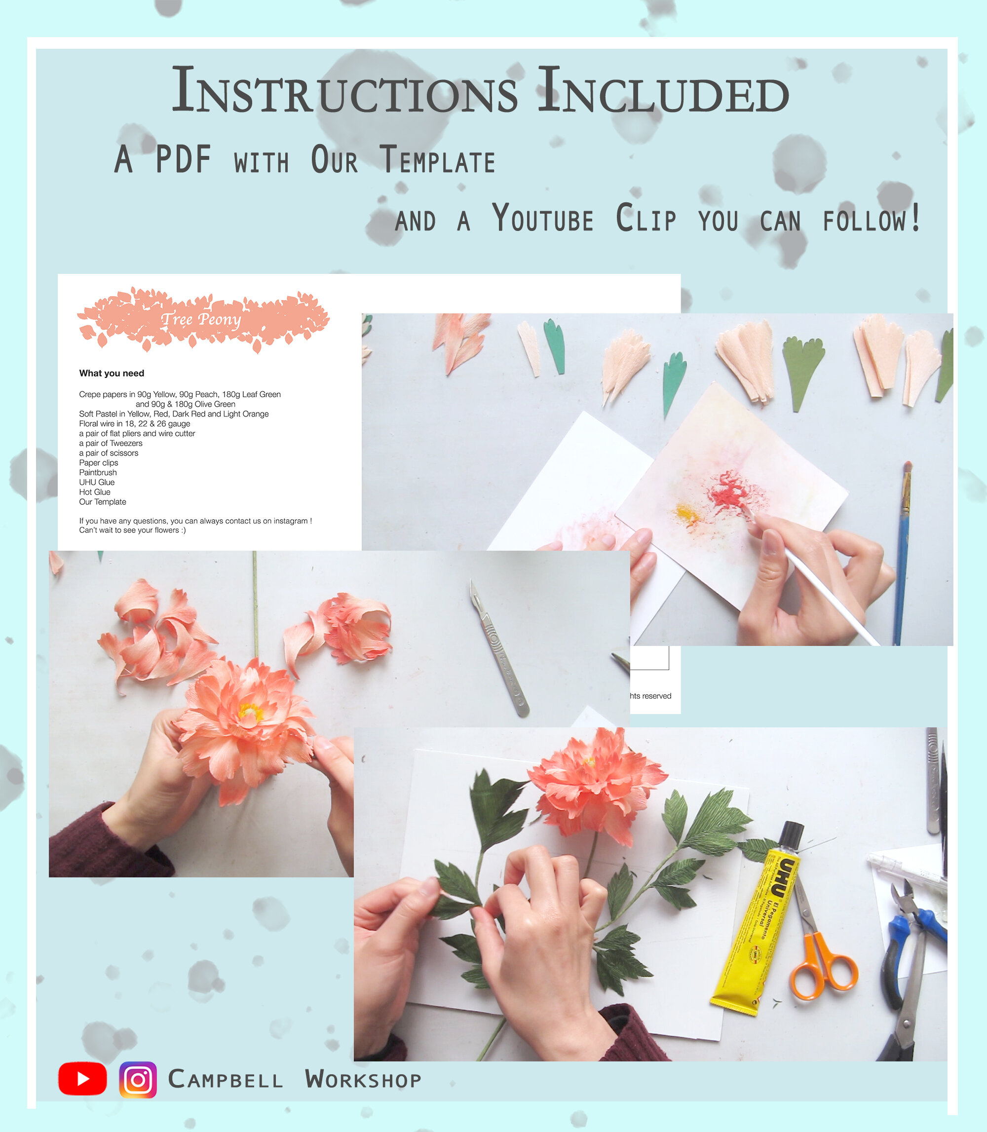 Handmade Crepe paper Chrysanthemum Flower Digital Template with video ...