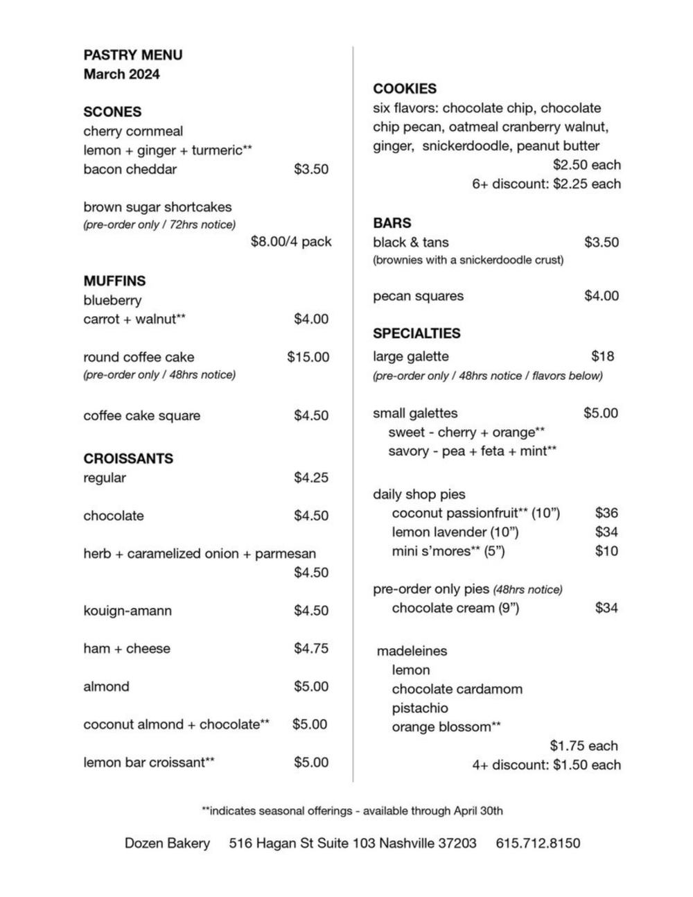 Pastry Menu — DOZEN BAKERY