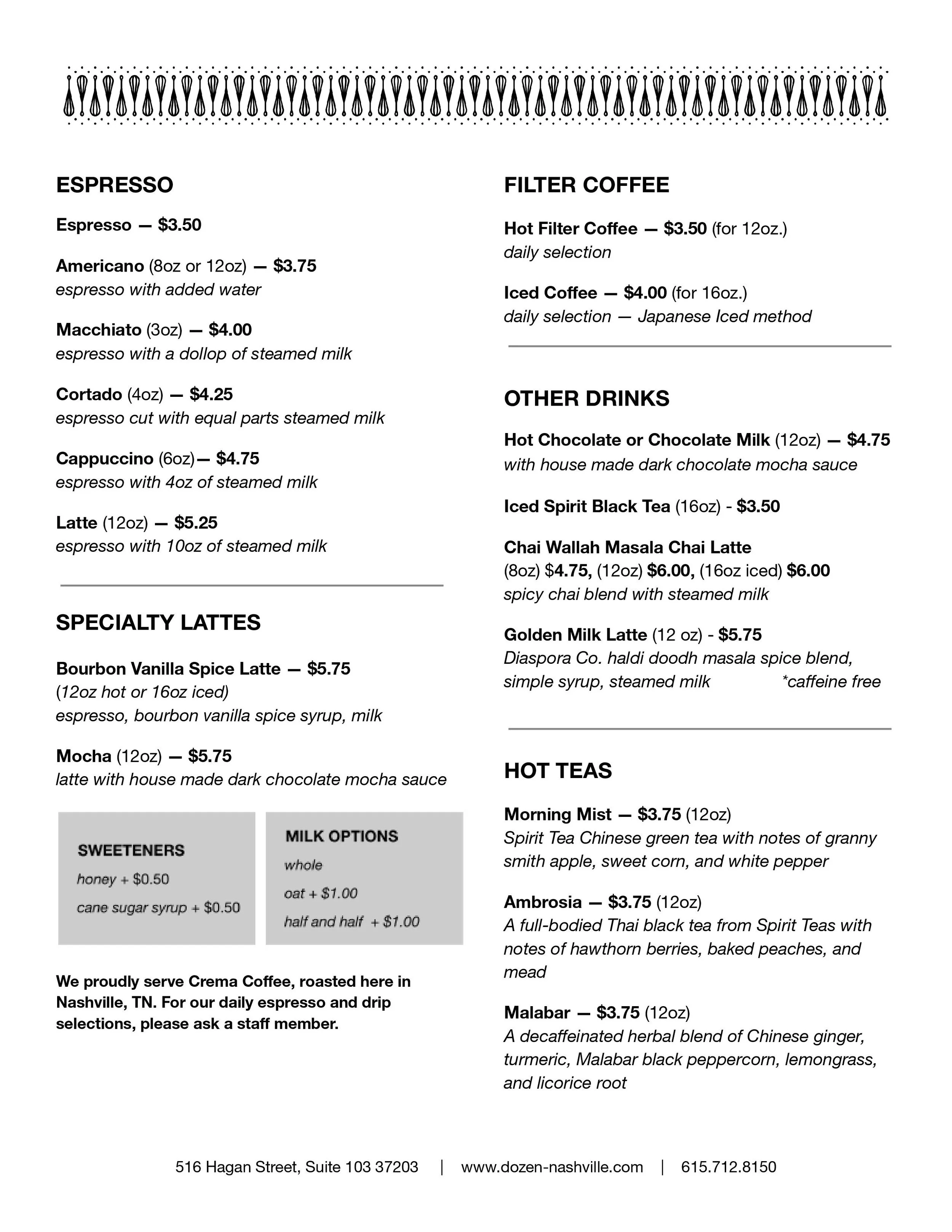 Beverage Menu — DOZEN BAKERY