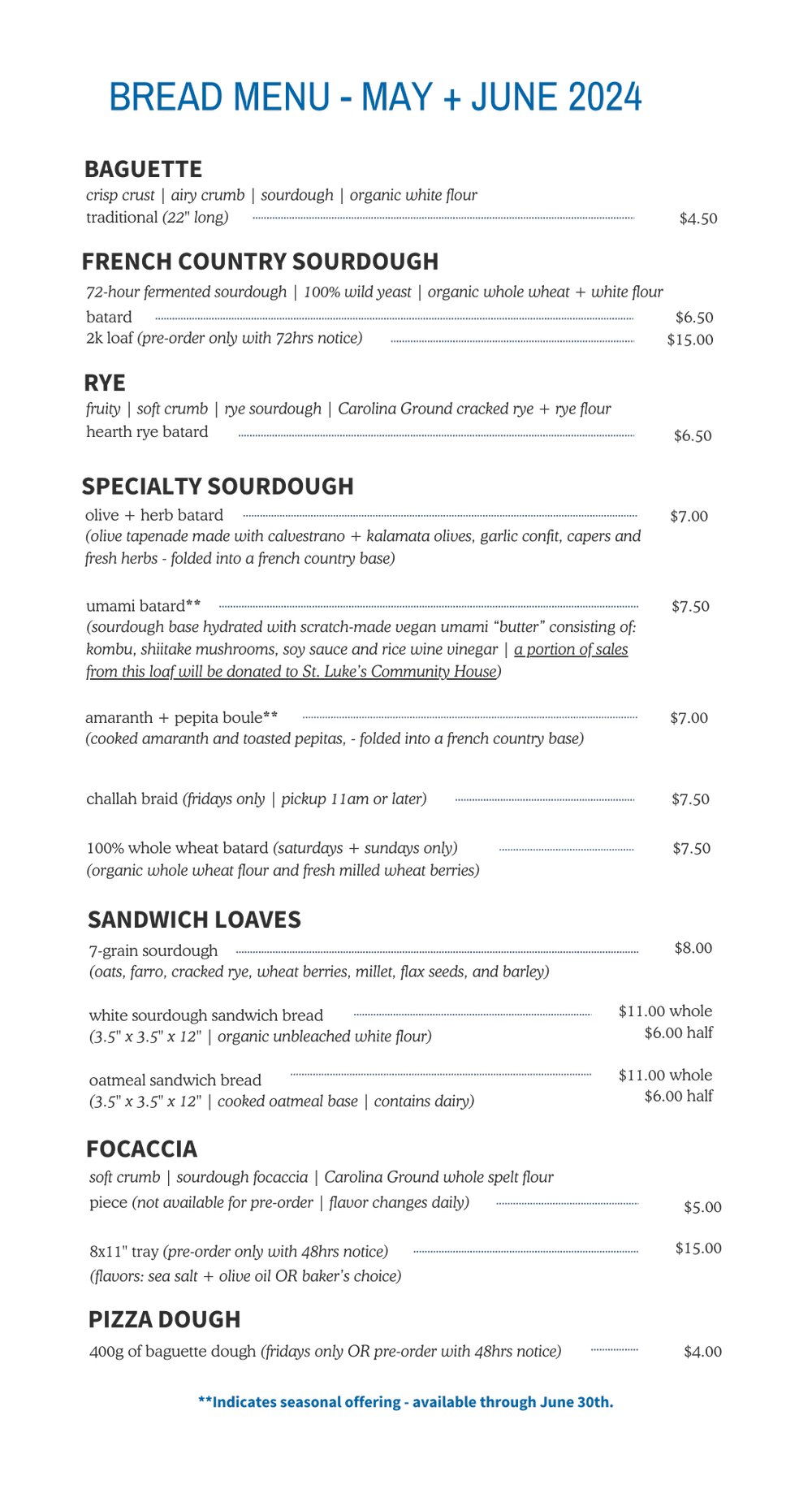 Bread Menu — DOZEN BAKERY