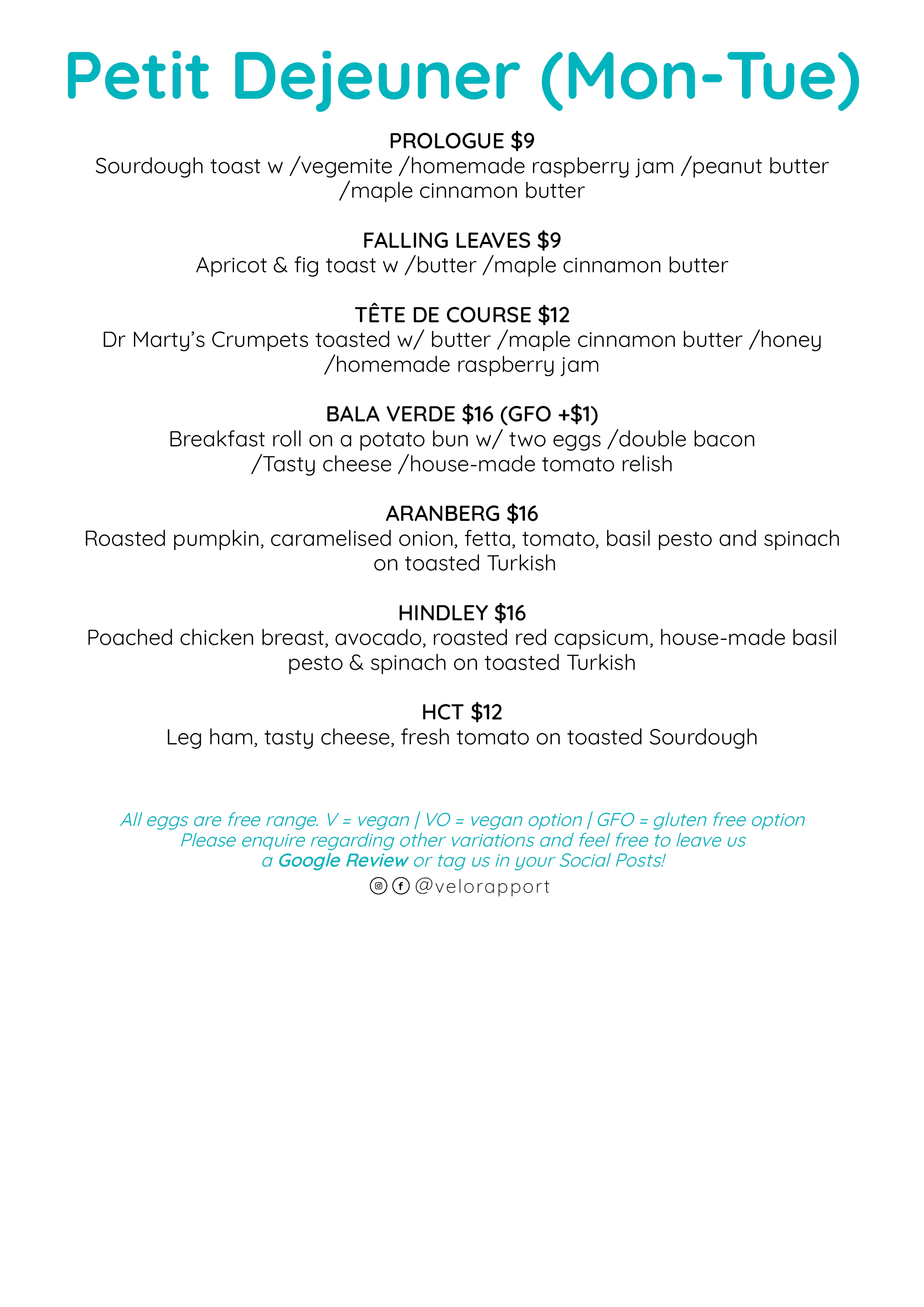 Café Menu — Velo Rapport