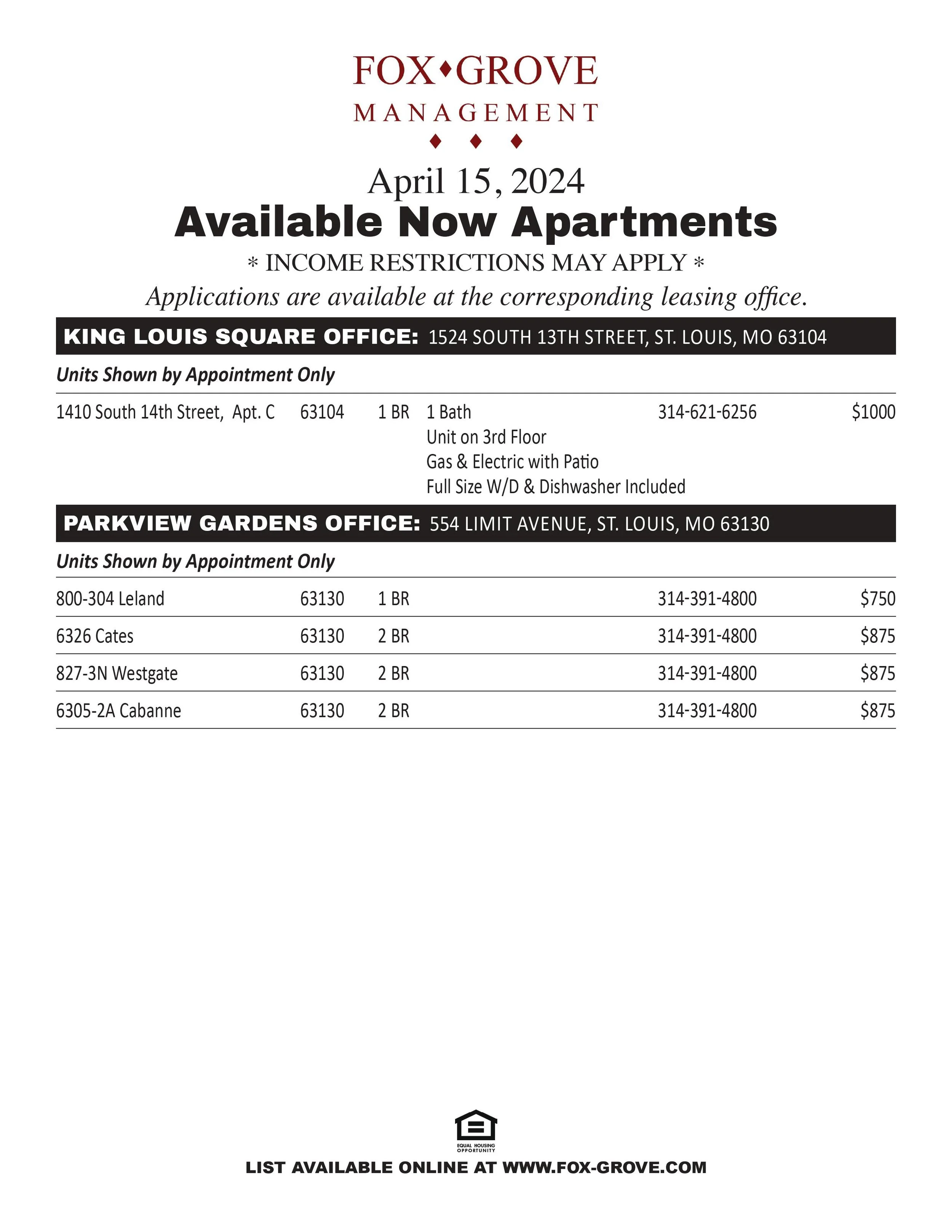 Available Units — Fox Grove Management