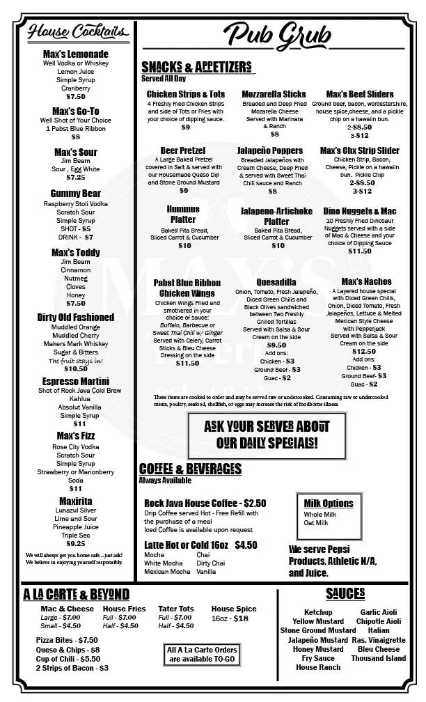 Max's Tavern Menu — Max's Tavern