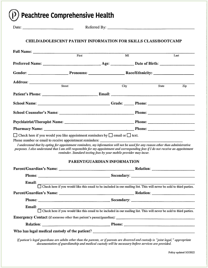 DBT Skills and Group Paperwork — Peachtree Comprehensive Health