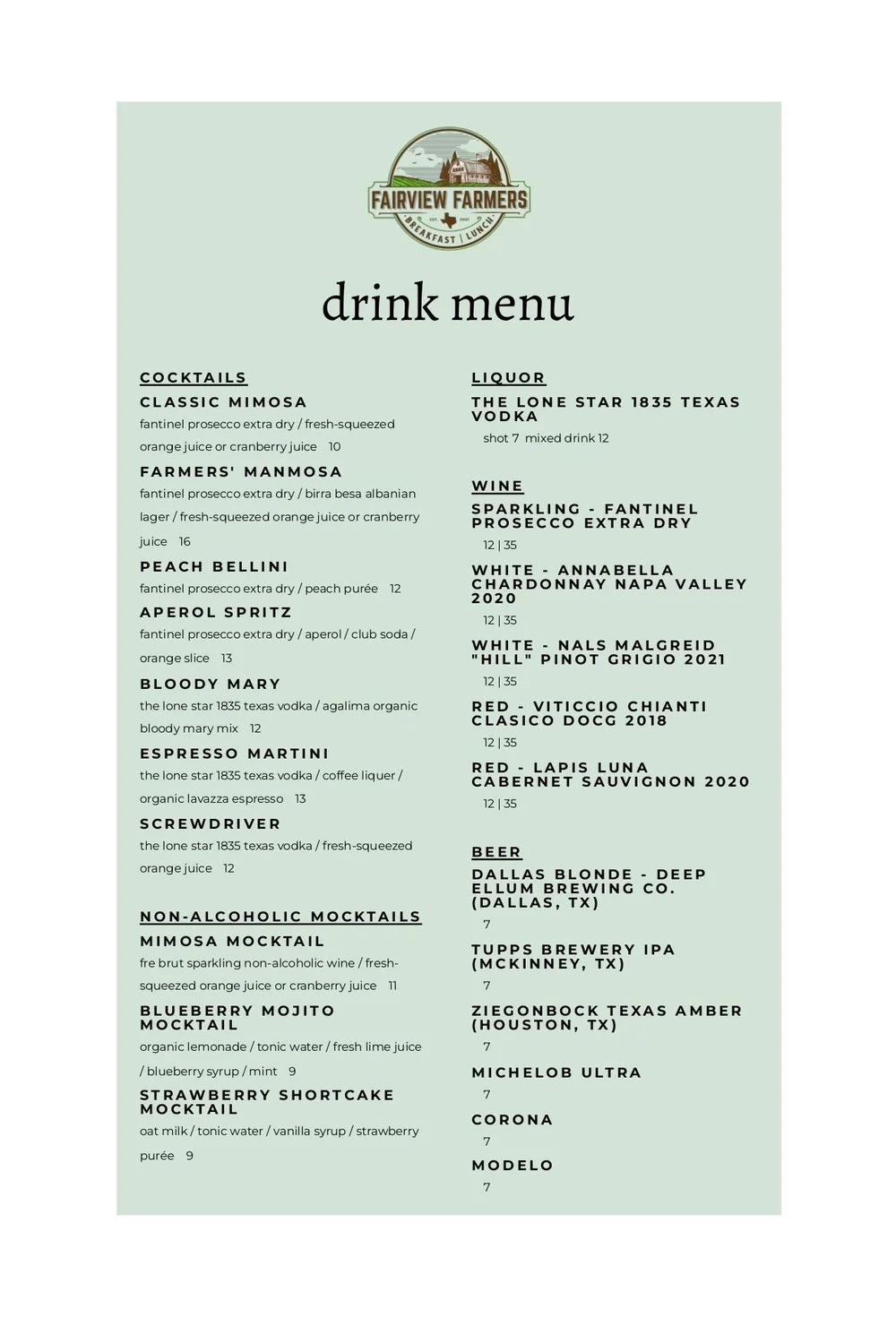 Menu — Fairview Farmers