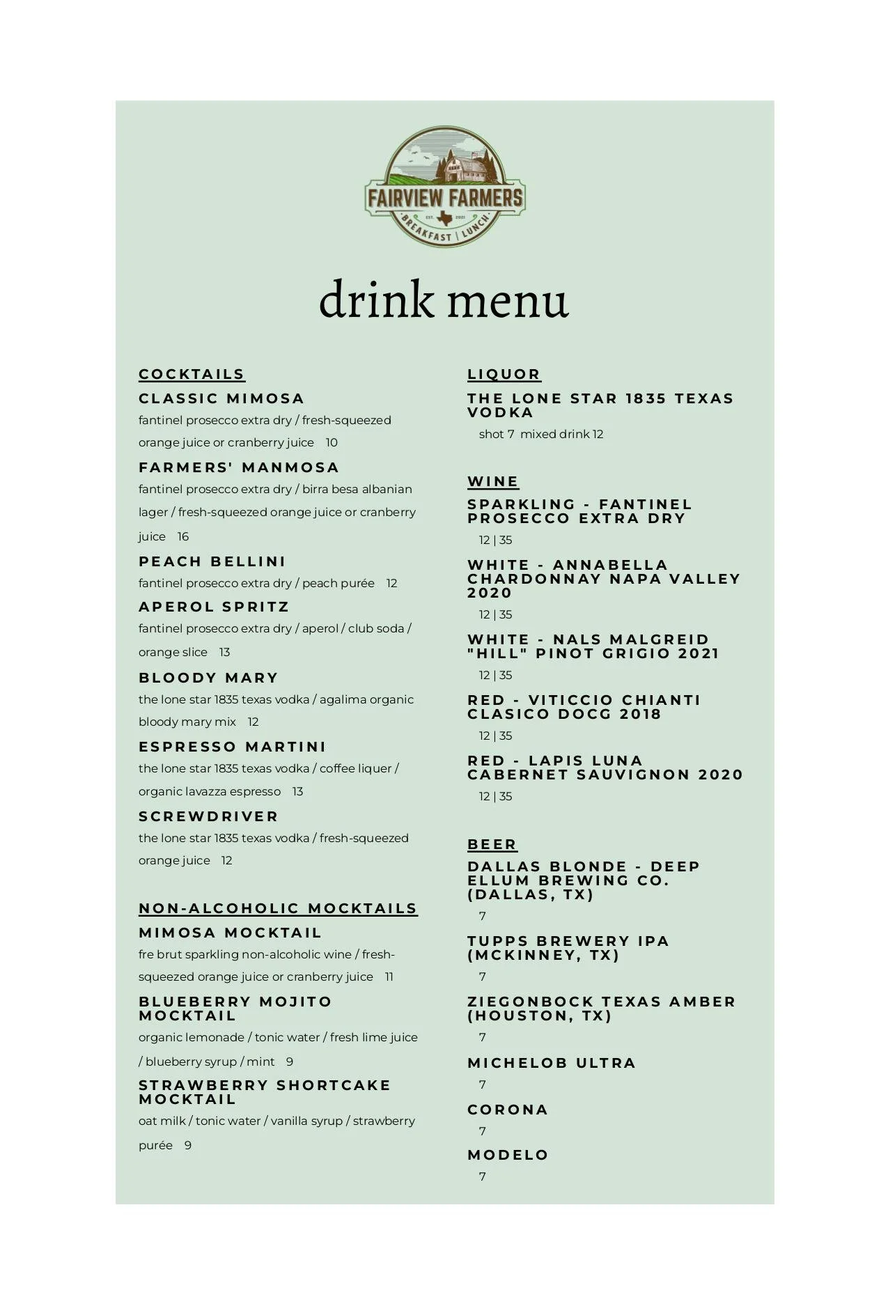 Menu — Fairview Farmers