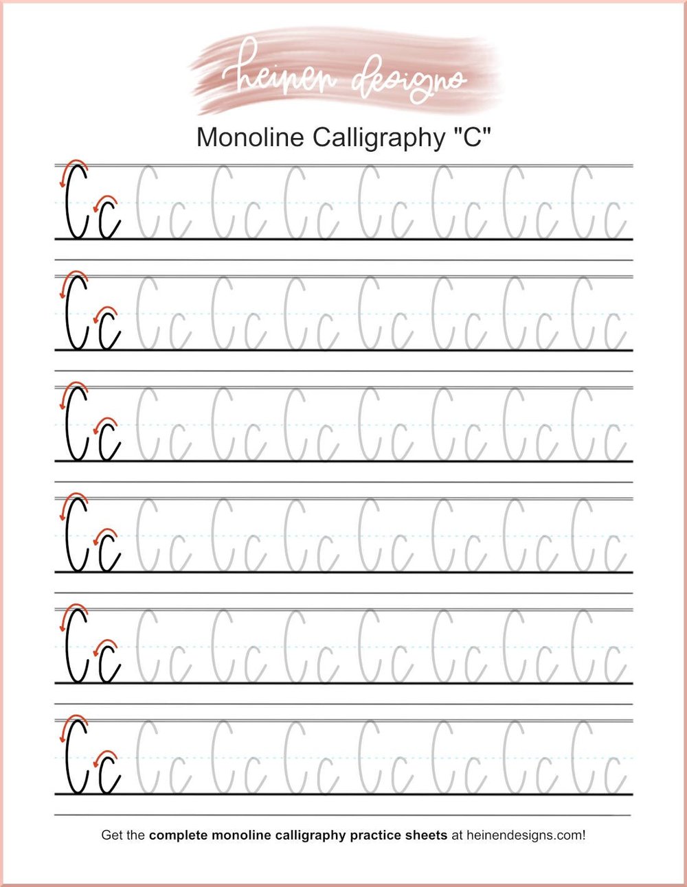 Monoline Calligraphy Letter C Practice Sheet - Free Download