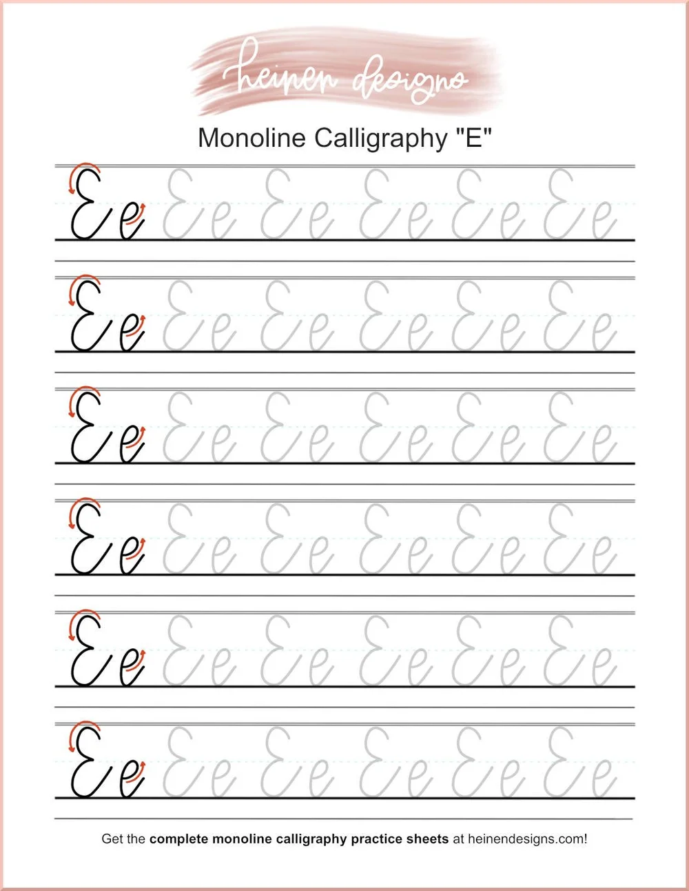 Monoline Calligraphy Letter E Practice Sheet - Free Download