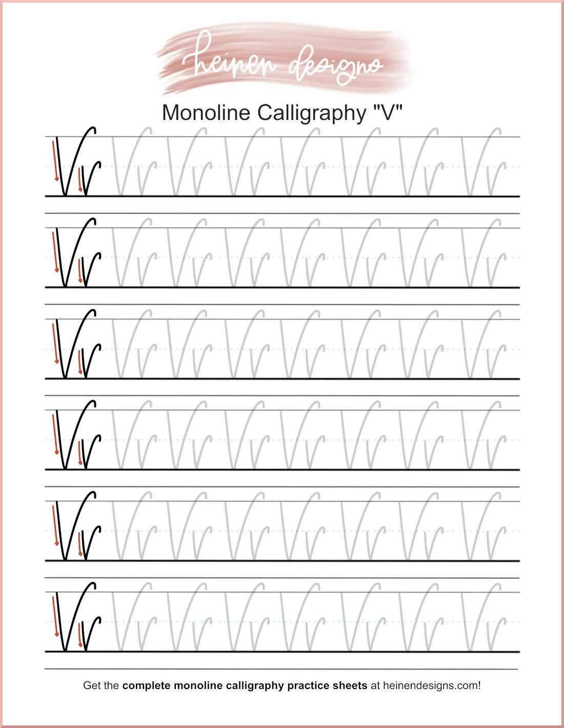 Monoline Calligraphy Letter V Practice Sheet - Free Download