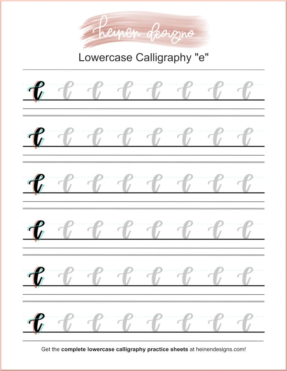 Lowercase Calligraphy Letter e Practice Sheet - Free Download