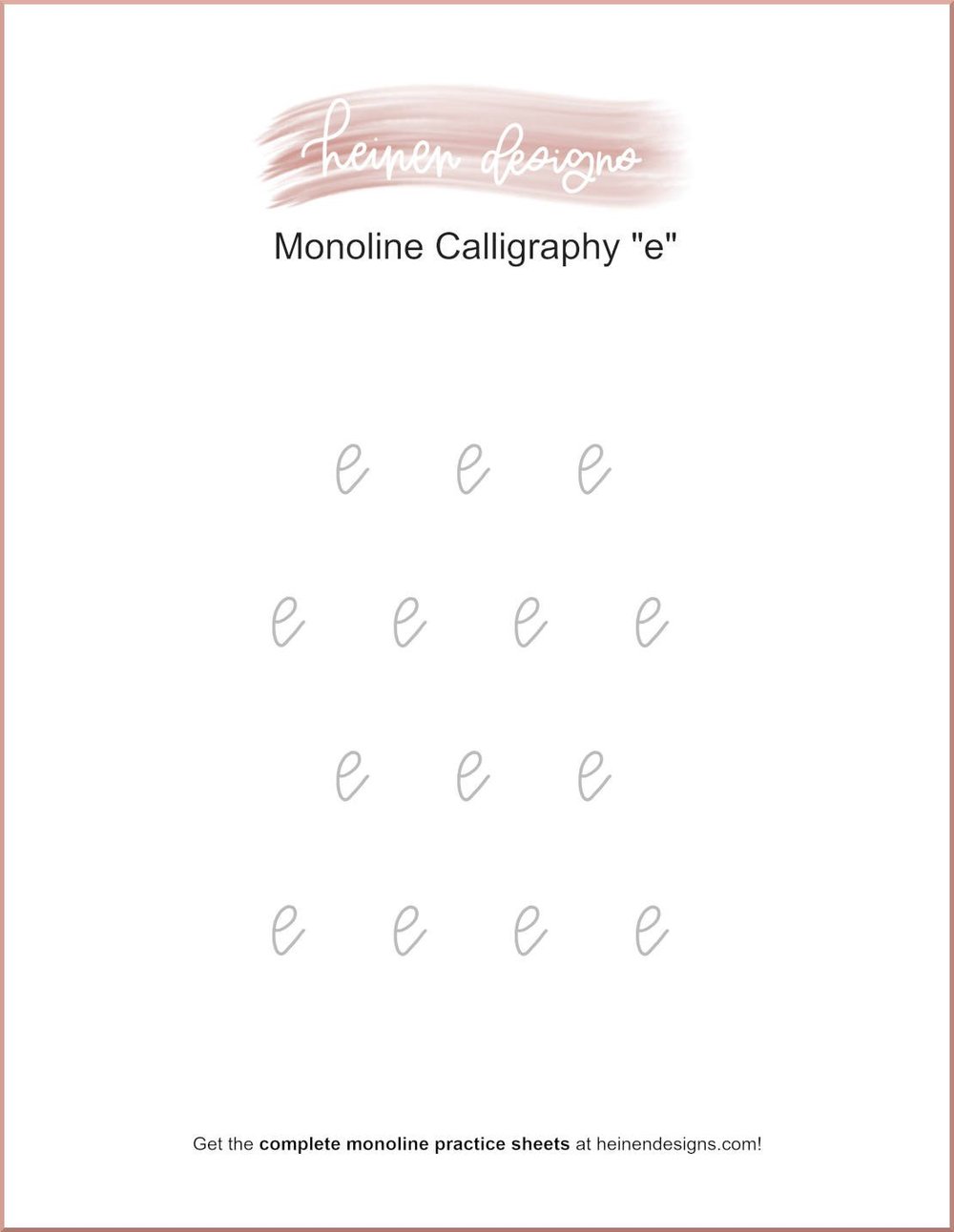 Monoline Calligraphy Lowercase Letter e Practice Sheet - Free Download