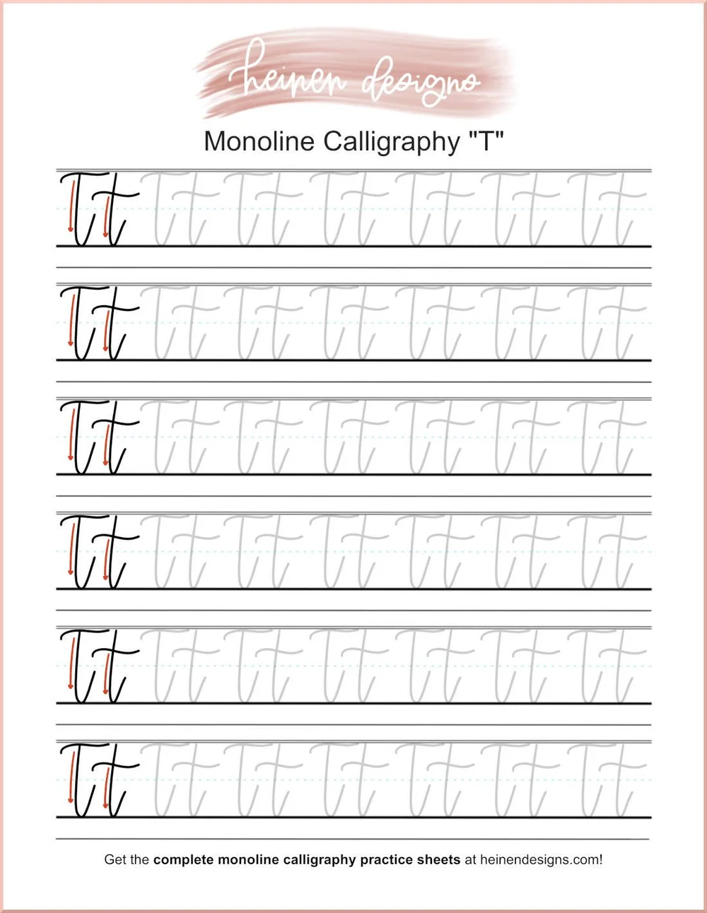 Monoline Calligraphy Letter T Practice Sheet - Free Download
