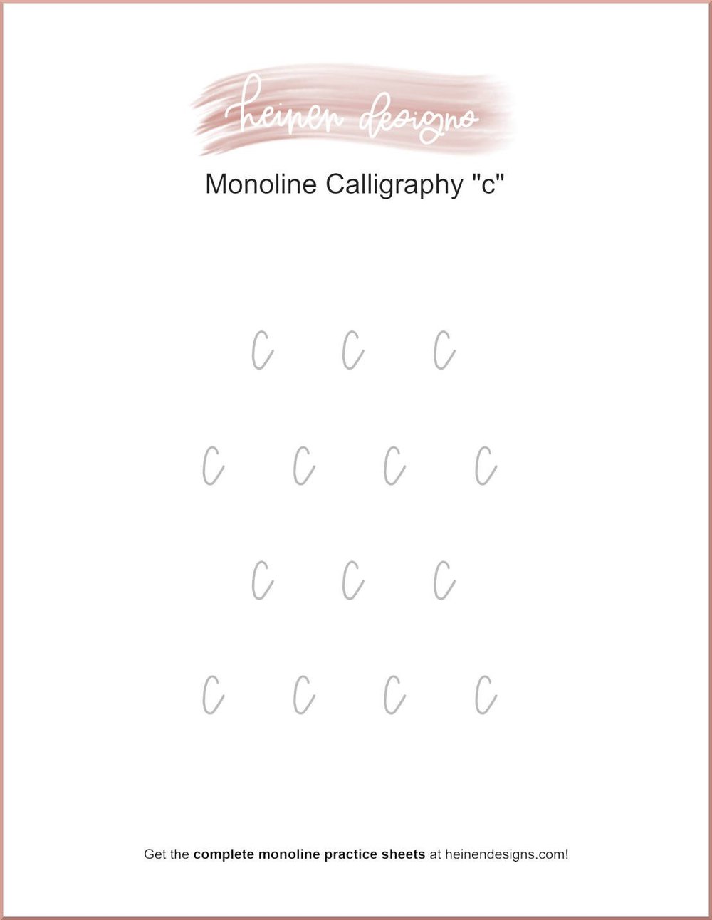 Monoline Calligraphy Lowercase Letter c Practice Sheet - Free Download
