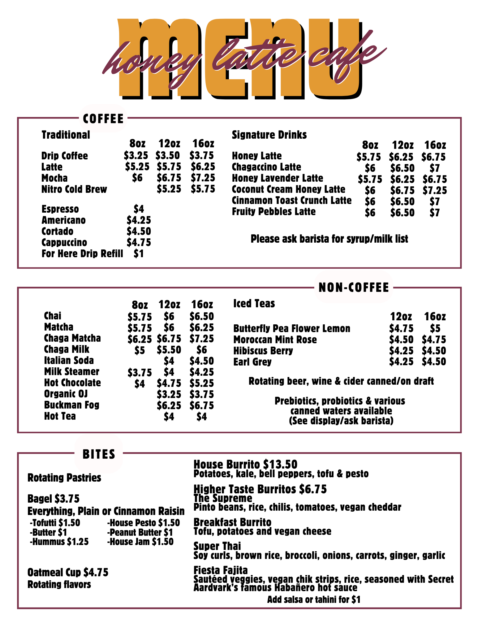 Menu 1 — Honey Latte Cafe