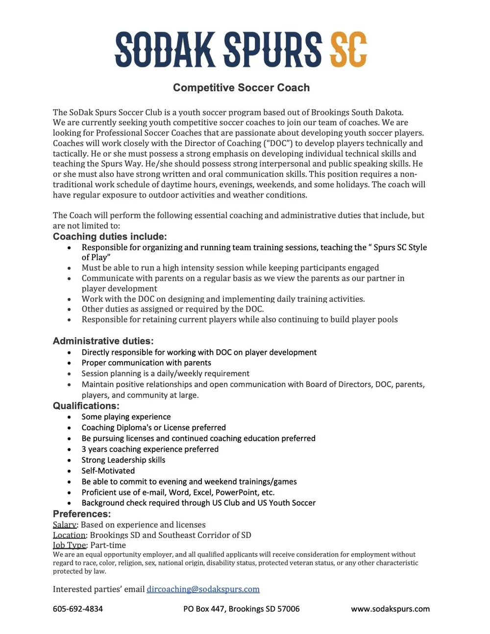 Competitive Coach Job Description — SoDak Spurs Soccer Club