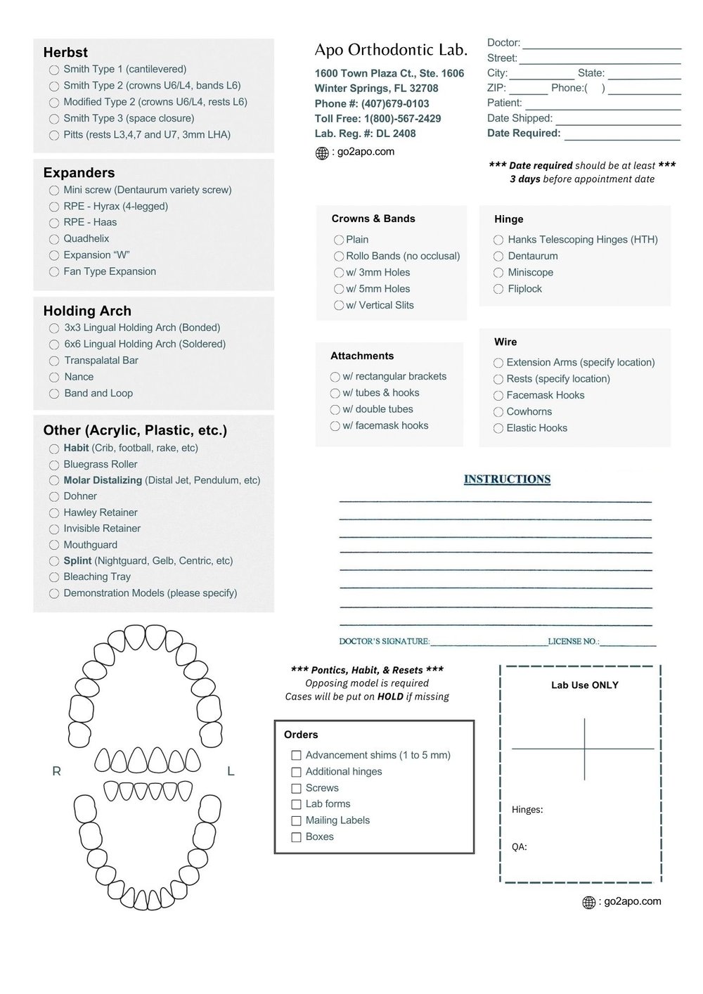 Lab Form — APO Orthodontic and Dental Lab