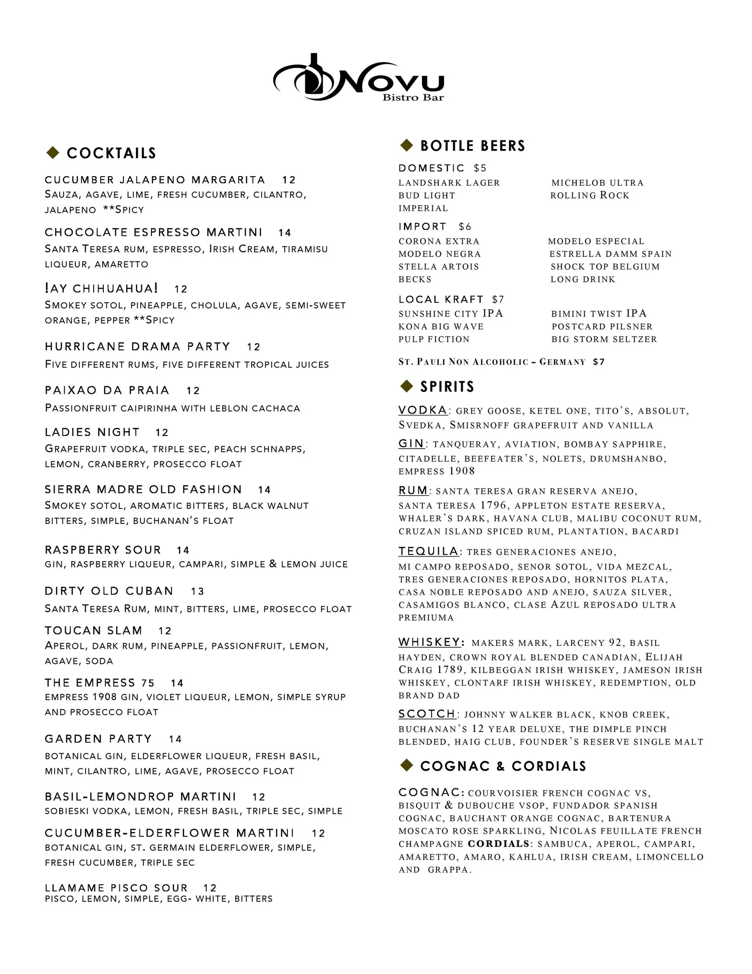 Bar Menu — NOVU BISTRO BAR