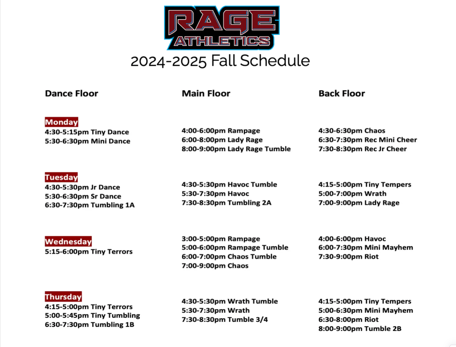 Fall Schedule — Rage Athletics