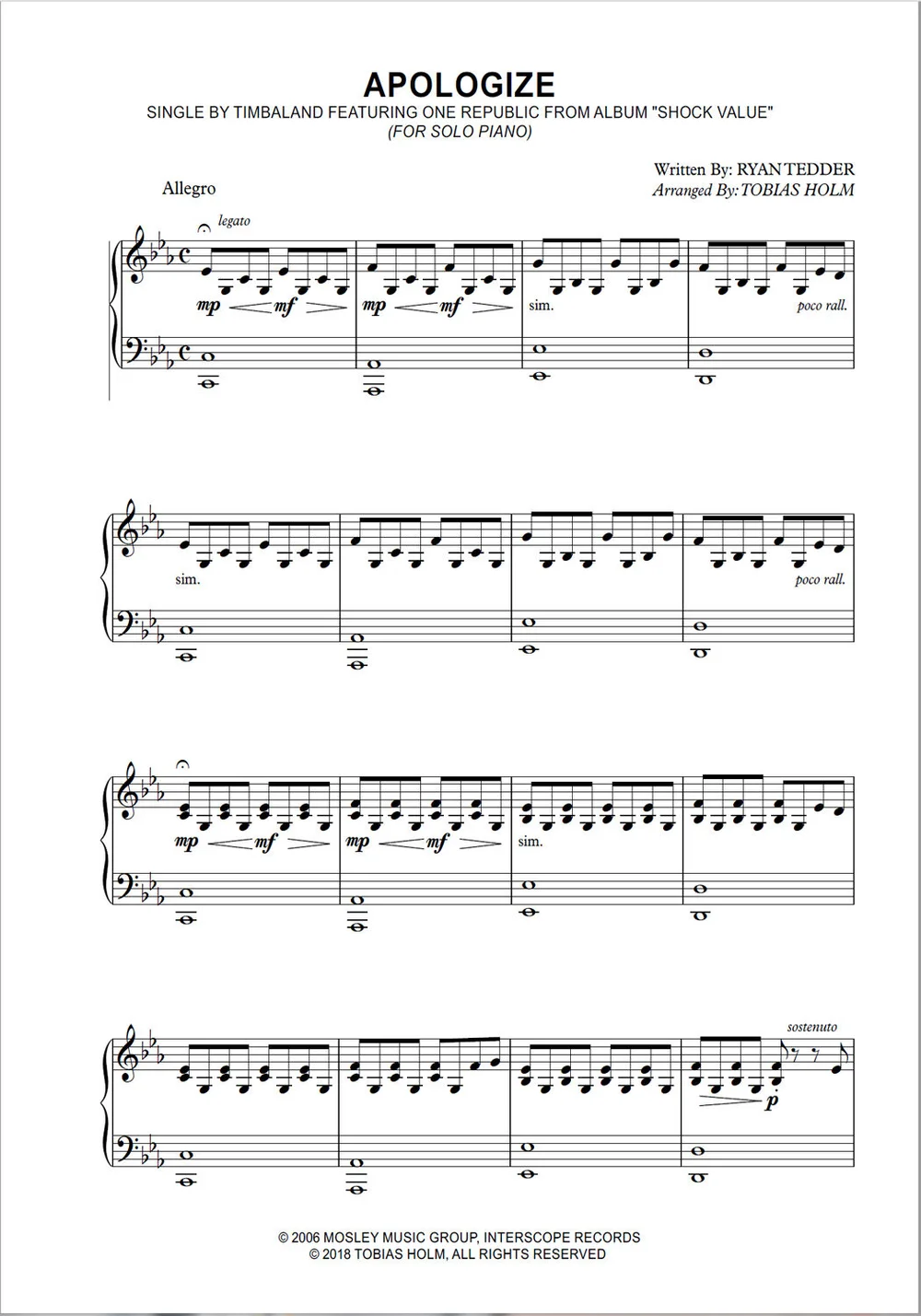 One Republic Apologize Sheet Music