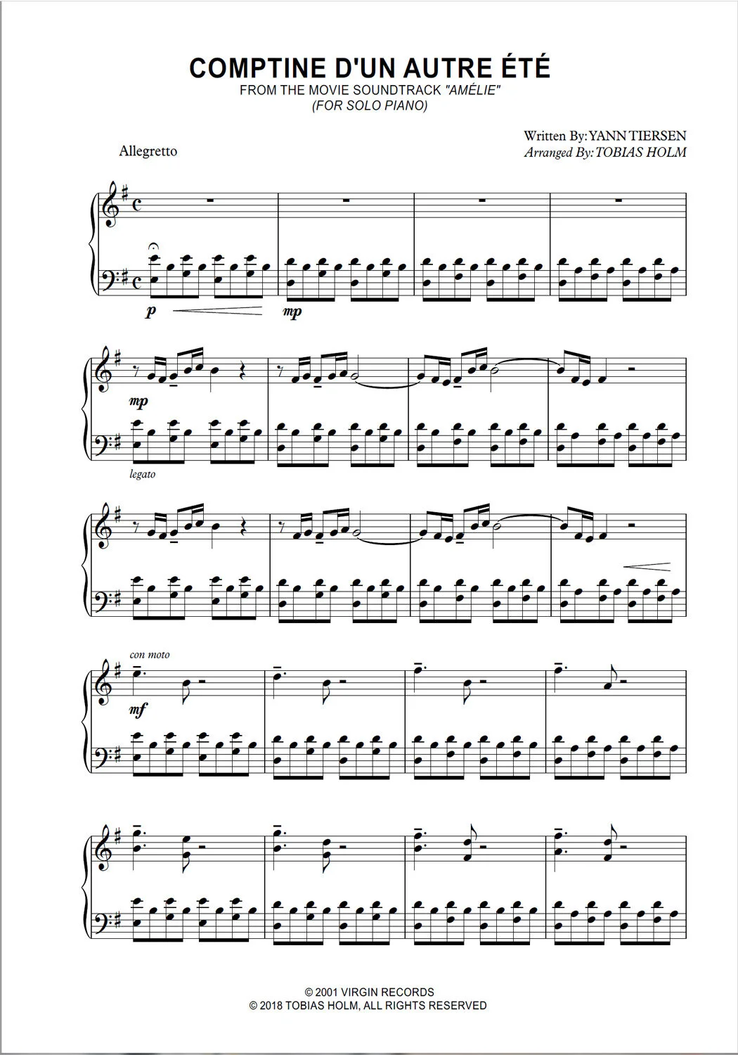 Comptine d'un Autre Été (Amélie) – Yann Tiersen | Piano Sheet Music ...