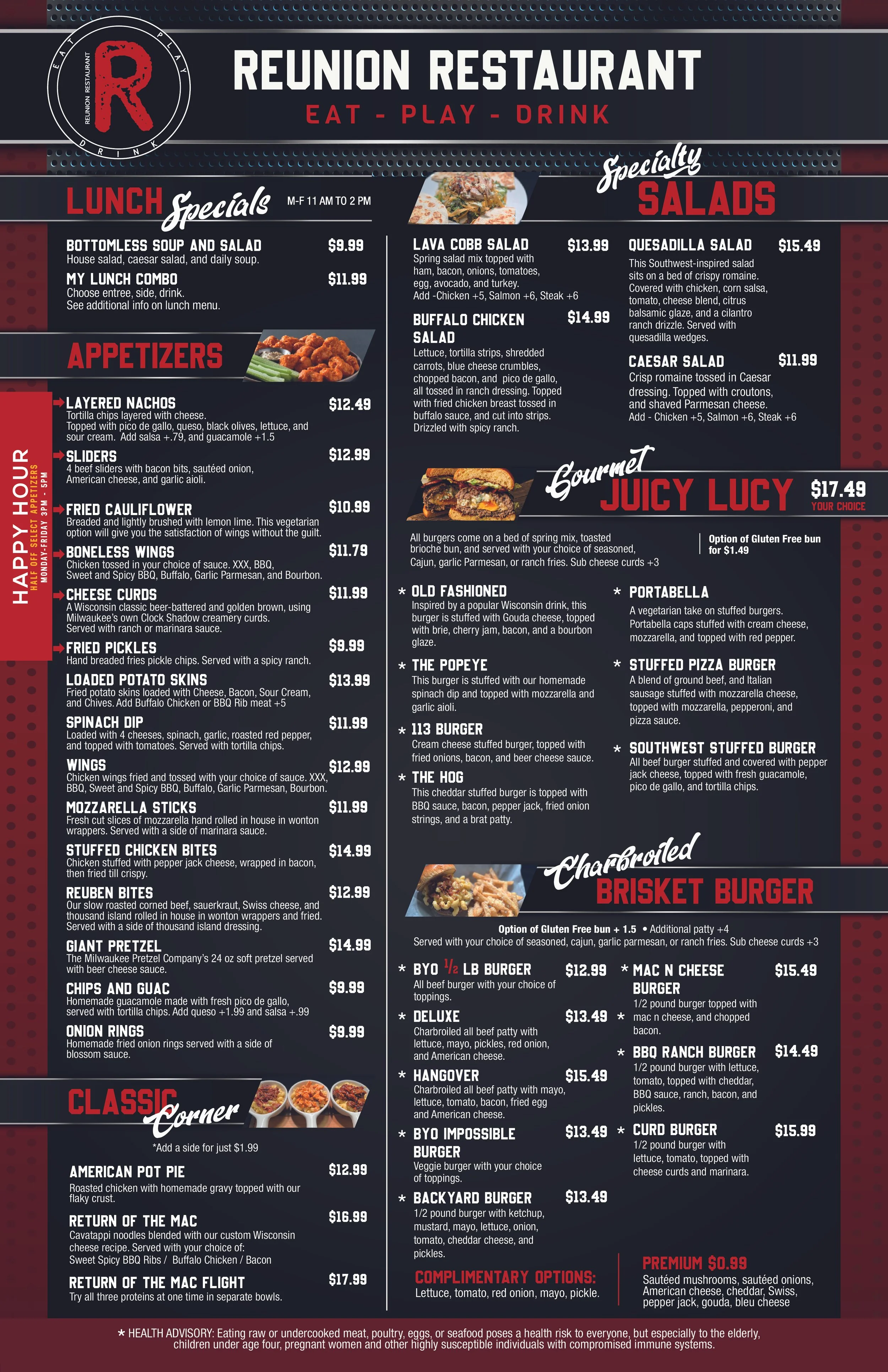 Lunch & Dinner Menu | Reunion Restaurant - Eat, Drink, PLAY!