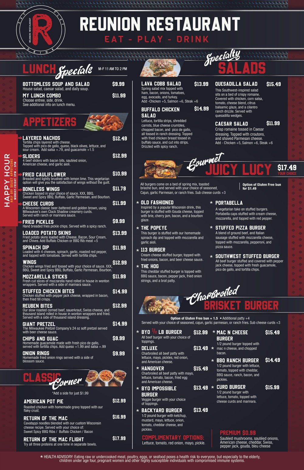 Lunch & Dinner Menu | Reunion Restaurant - Eat, Drink, PLAY!