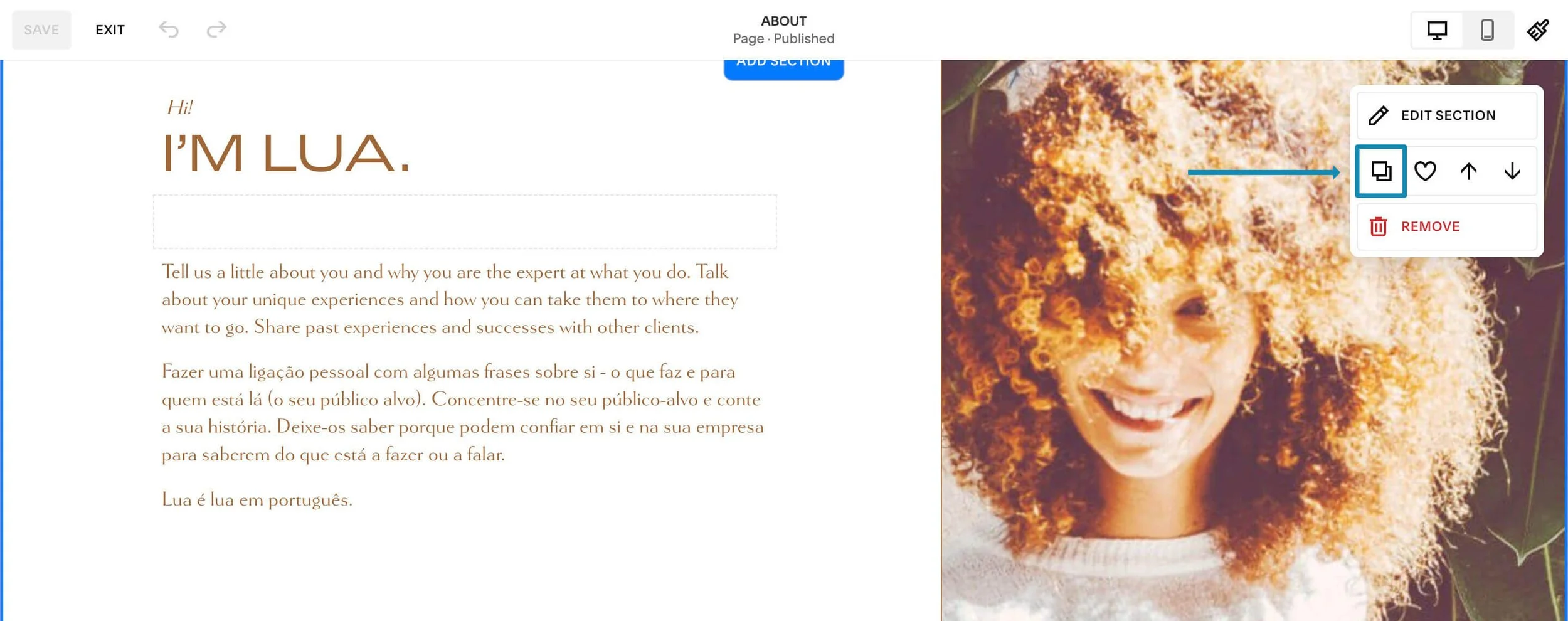 New features in Squarespace include Duplicate and Save Sections