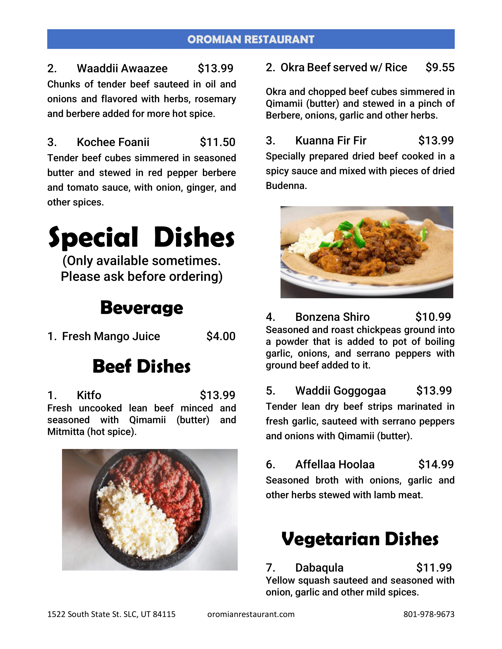 Menu — Oromian Restaurant (formally known as African Restaurant)
