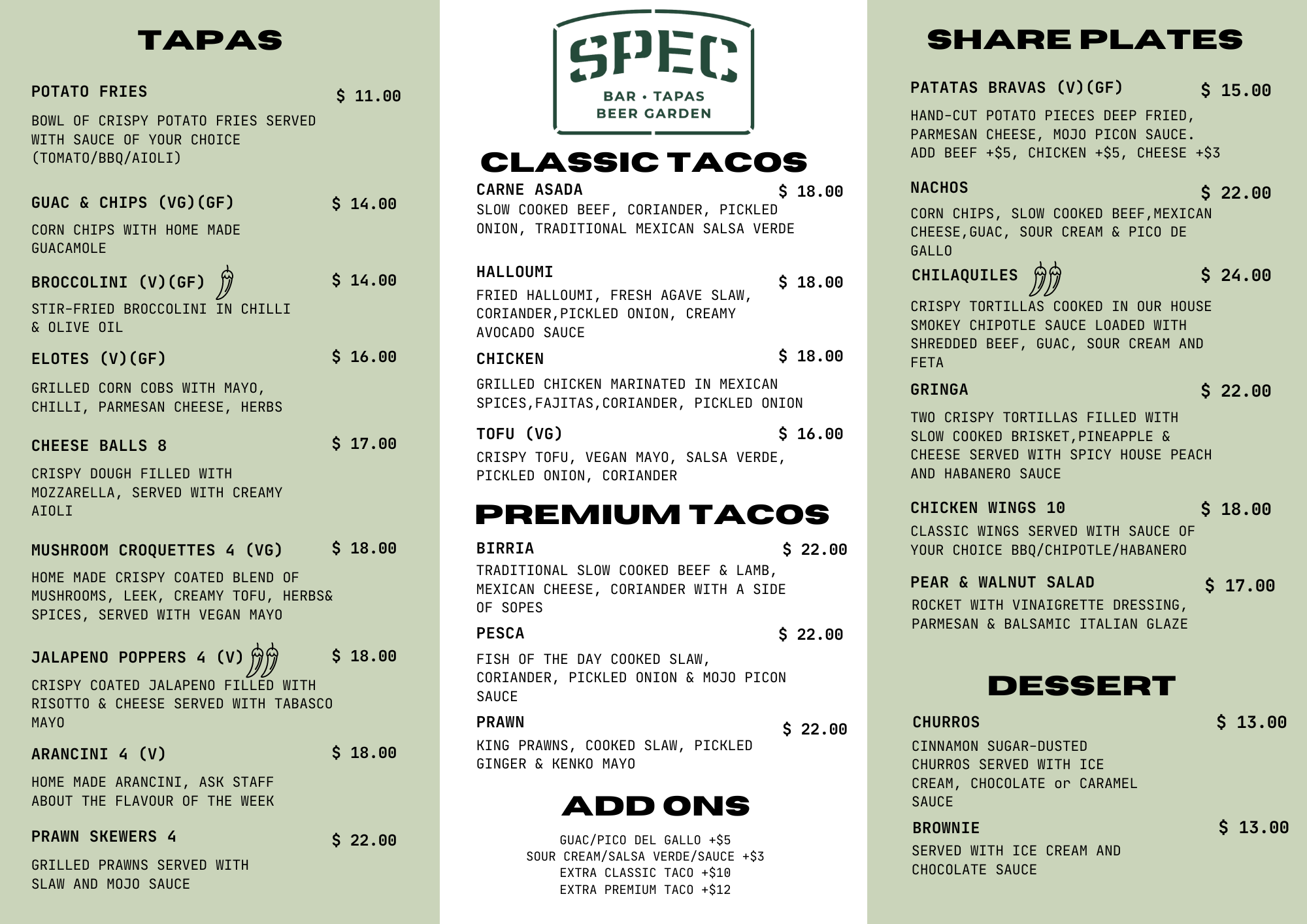FOOD MENU — SPEC