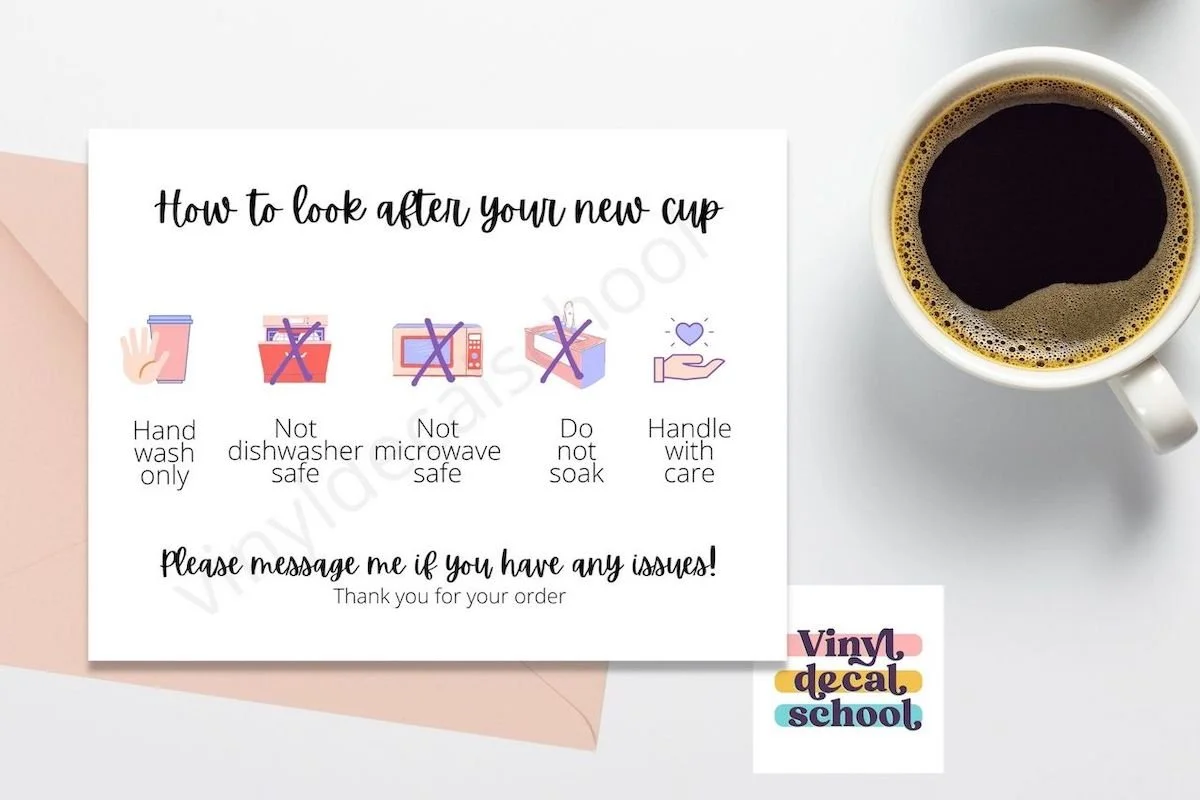 Printable & Editable Vinyl Cup Care Instructions and Thank You Card ...