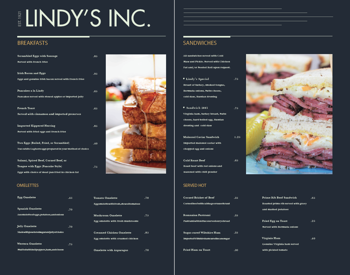 Lindy's Menu Redesign — Kingdollar Design