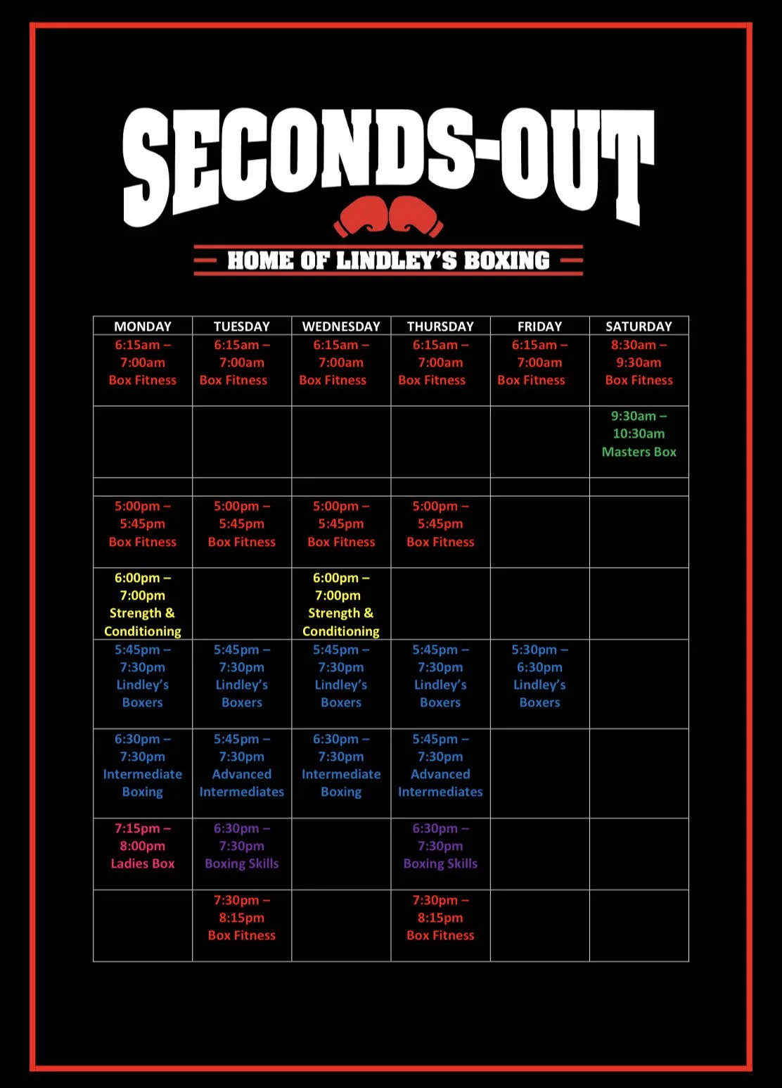 TIMETABLE — Seconds Out Boxing Gym Perth and Cannington