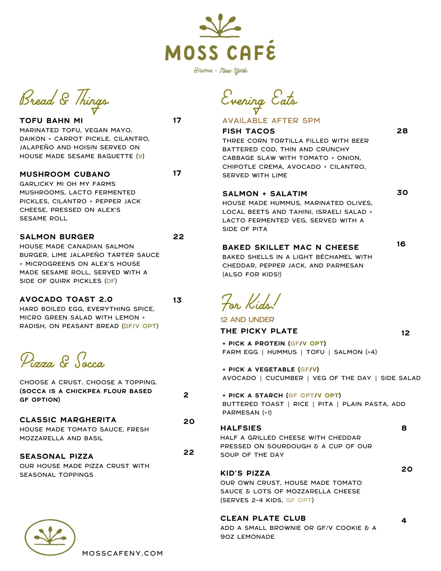 Café Menu — Moss Café New York
