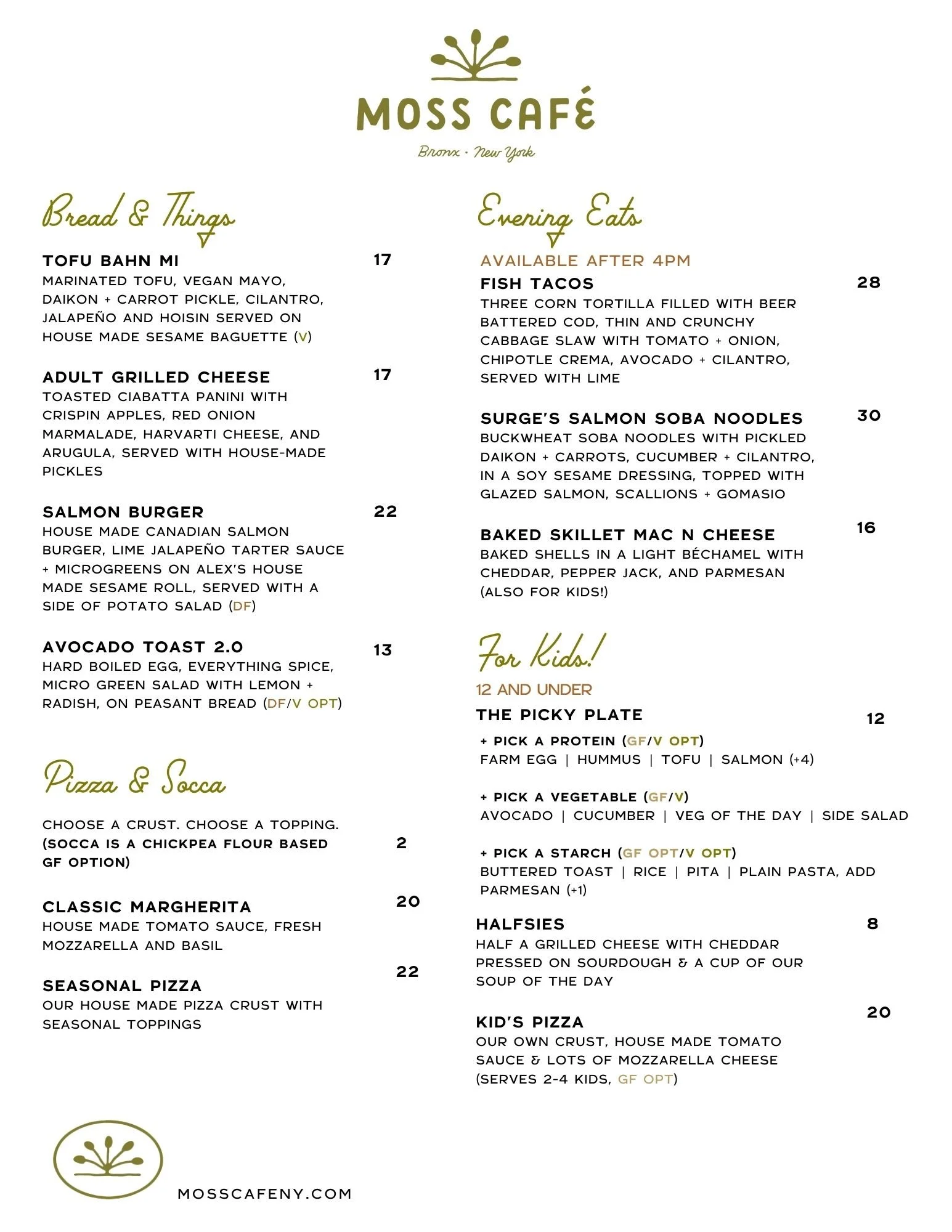 Café Menu — Moss Café New York