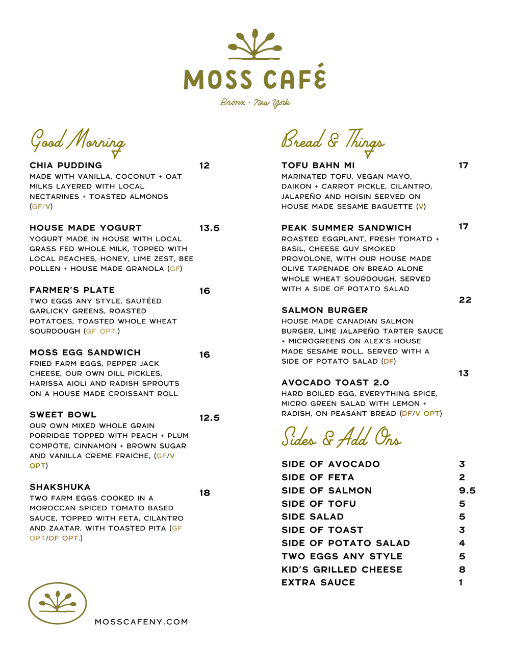 Café Menu — Moss Café New York