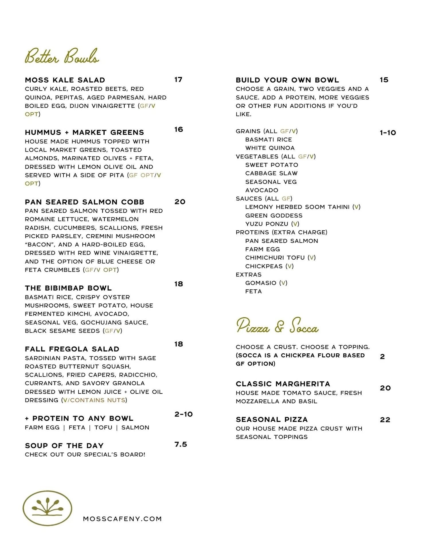 Café Menu — Moss Café New York