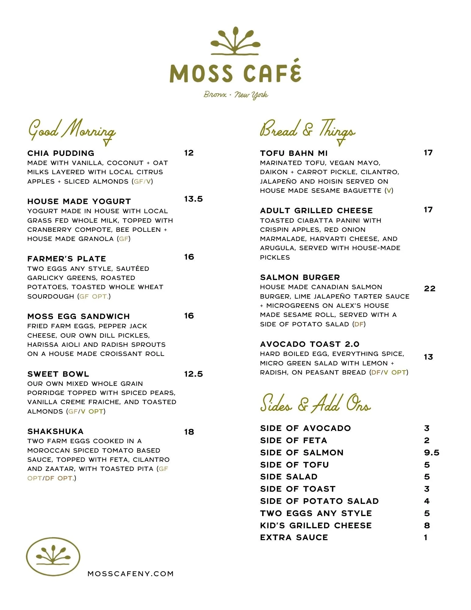 Café Menu — Moss Café New York
