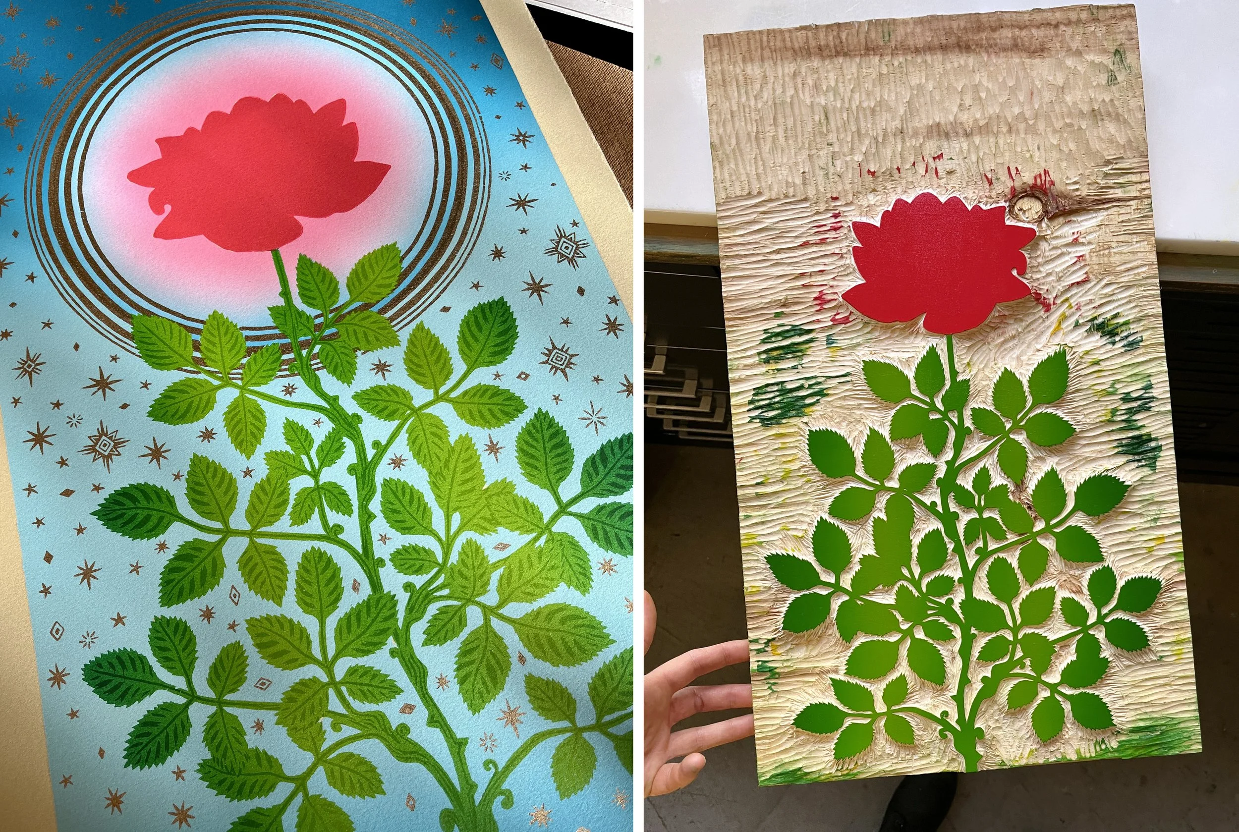 "GLOWING ROSE" Color Woodcut Print by Valerie Lueth | Tugboat Printshop ...